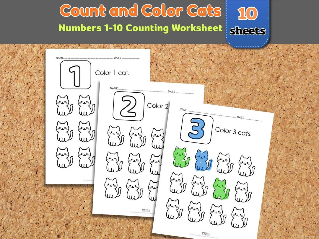 Counting Cats Worksheet | Count and Color Numbers 1–10 | Preschool ...
