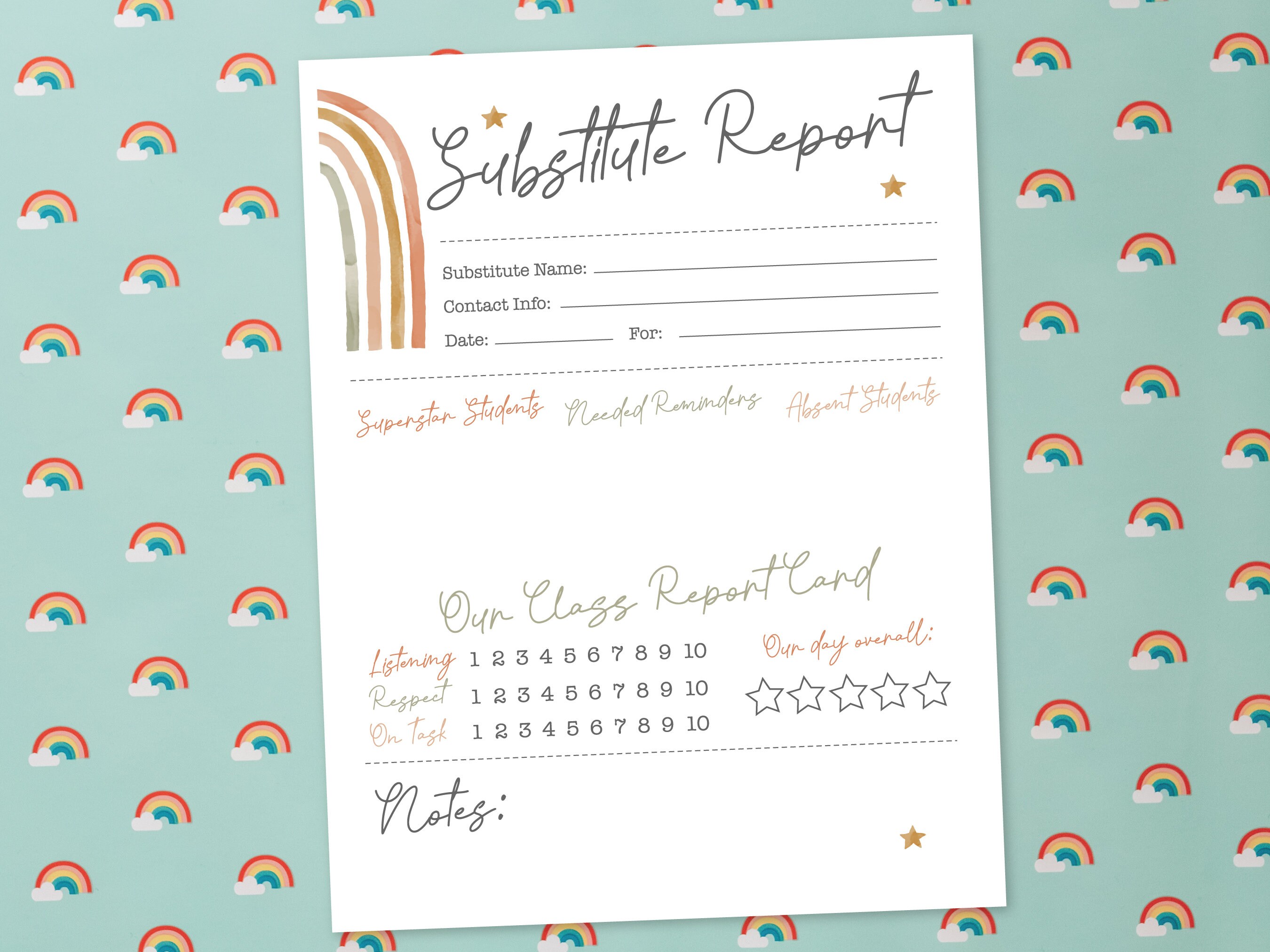 Boho Substitute Teacher Report Printable, Sub Report, Student Thank You ...