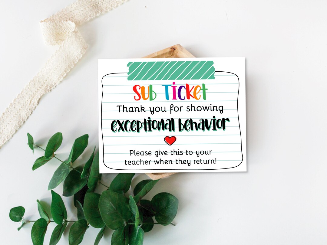 Teacher Resources Sub Ticket Printable, Substitute Teacher, Student ...