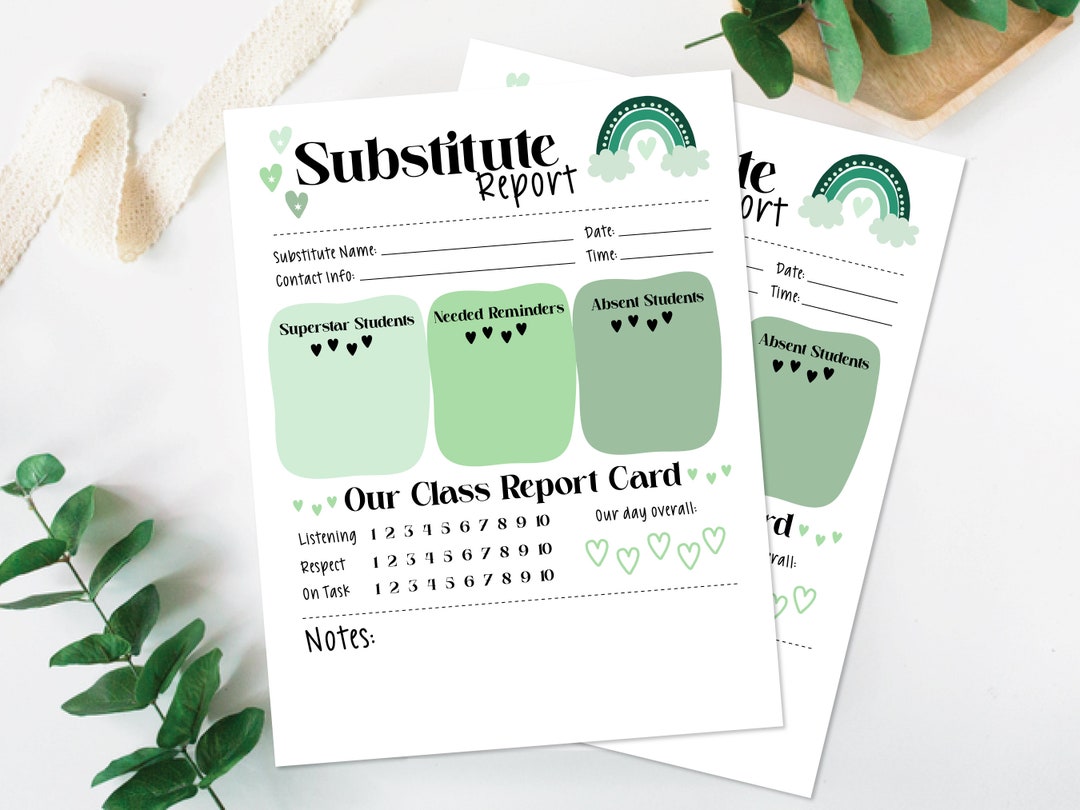 Green Boho Substitute Teacher Report Printable, Sub Report, Student ...