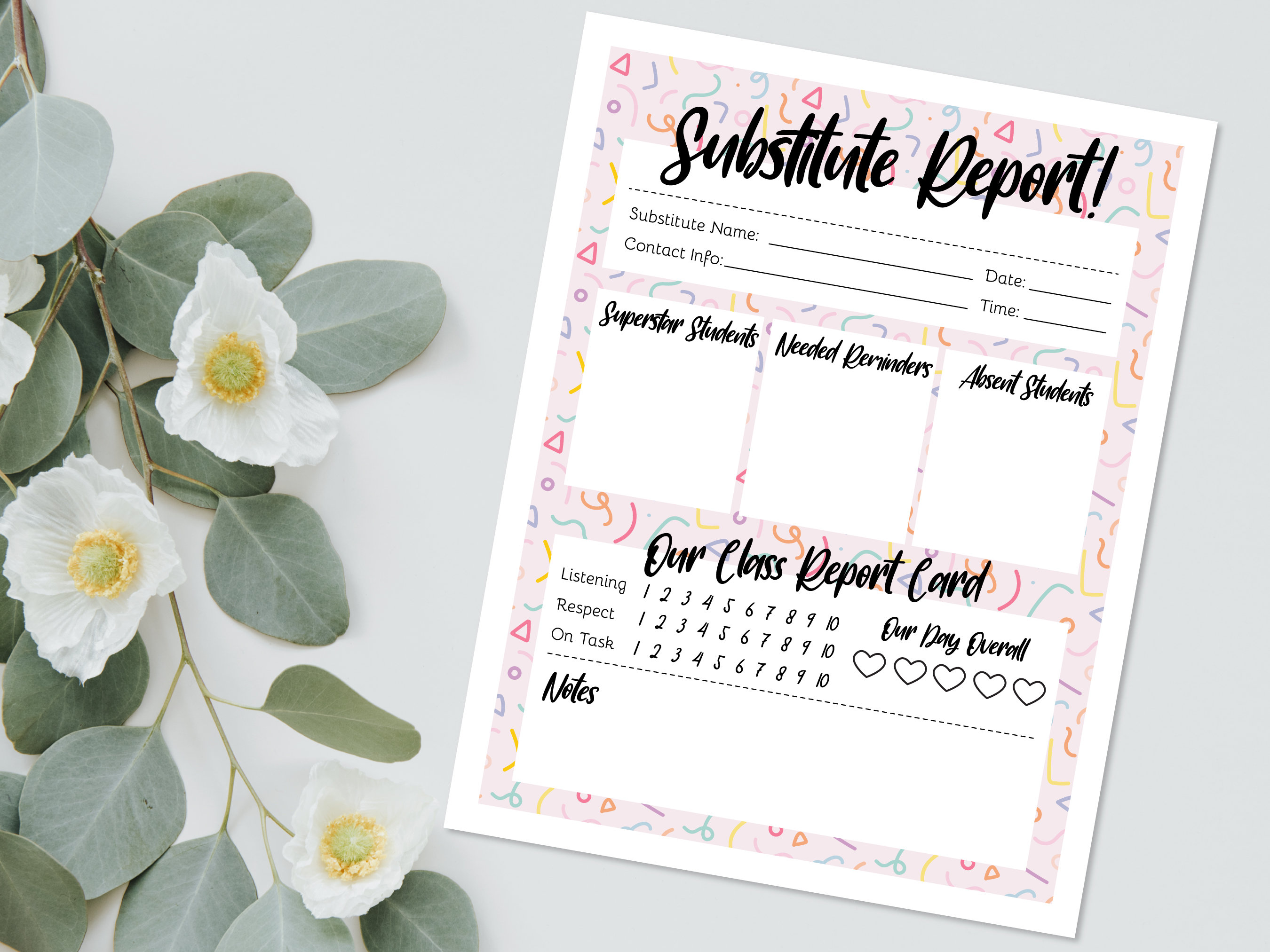 Rainbow Substitute Teacher Report Printable, Substitute Teacher ...