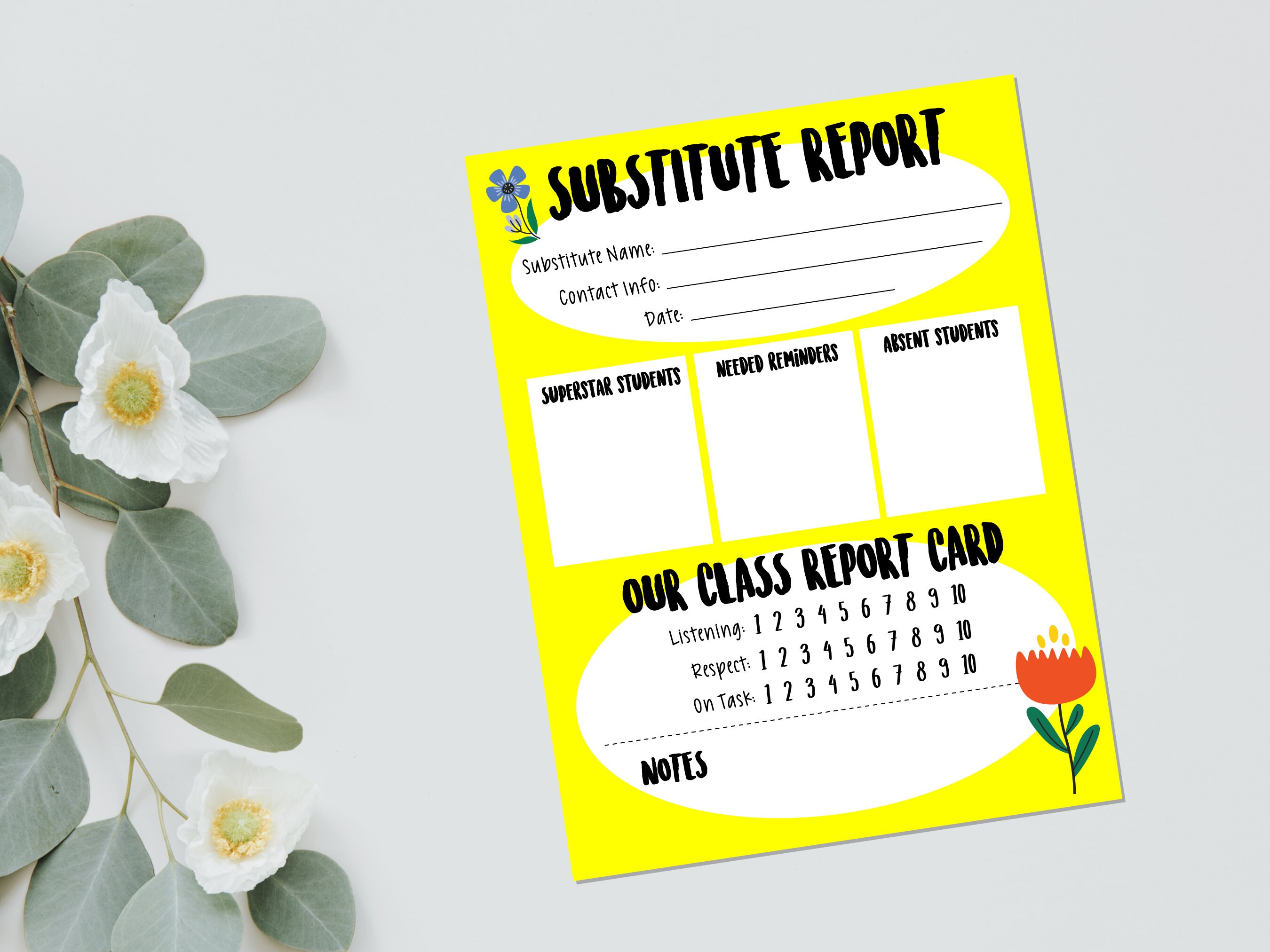 Substitute Teacher Report Printable, Substitute Teacher, Easy Sub ...