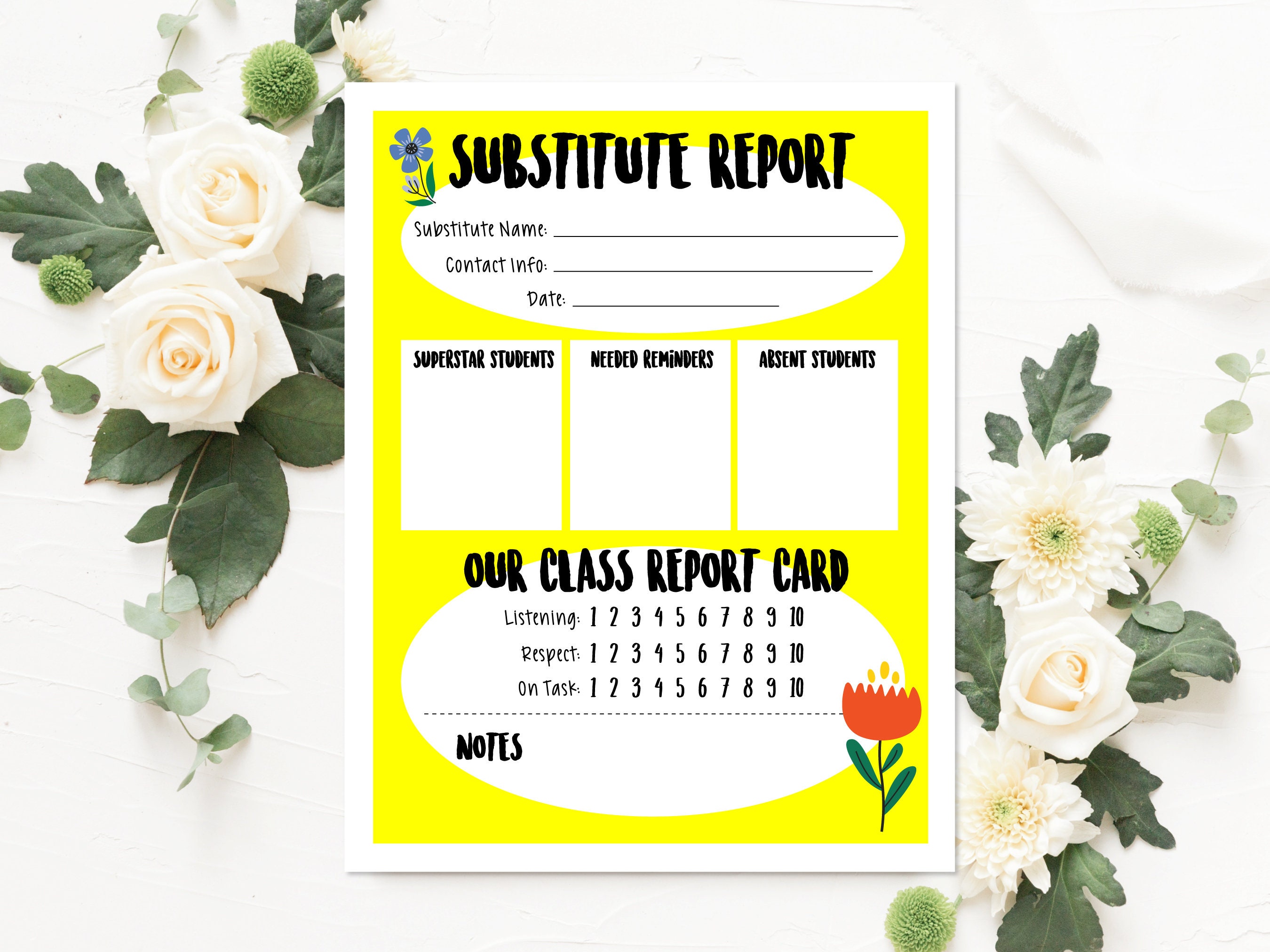 Substitute Teacher Report Printable, Substitute Teacher, Easy Sub ...