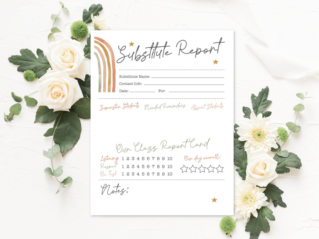 Boho Substitute Teacher Report Printable, Sub Report, Student Thank You ...