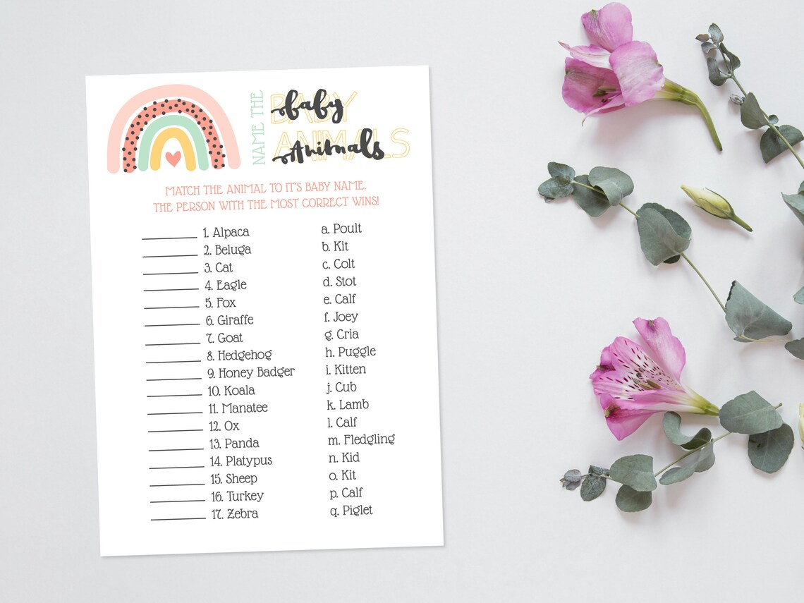 Name the Baby Animal Game, Boho Baby Shower Games, Baby Animal Name ...