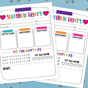 Substitute Teacher Resources Sub Report Printable, Student Thank You ...