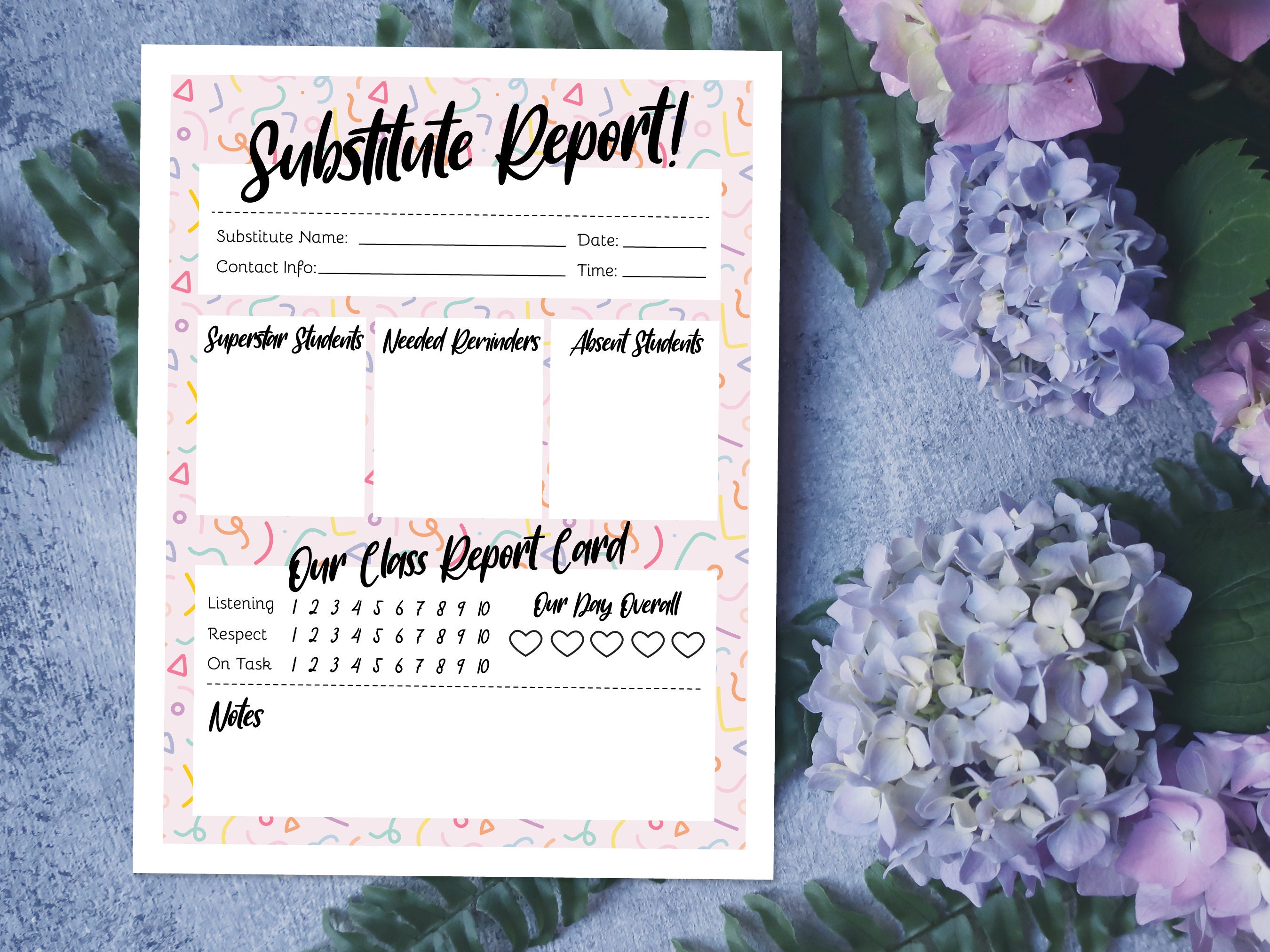 Rainbow Substitute Teacher Report Printable, Substitute Teacher ...