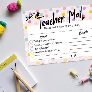 Polka Dot Sub Teacher Mail Printable, Substitute Teacher, Parent Communication, Happy Mail ...