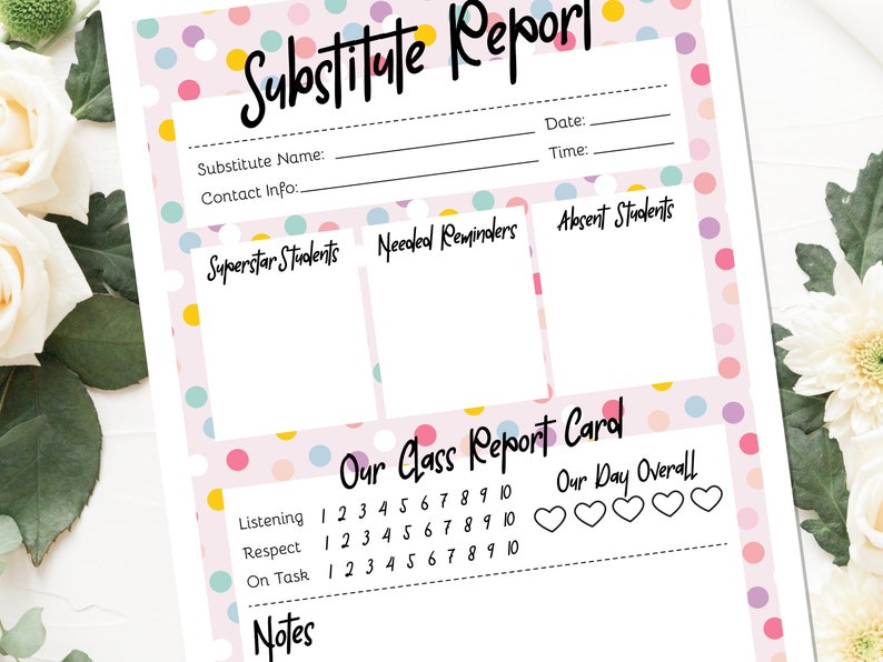 Teacher Resources Sub Report Printable Substitute Teacher - Etsy