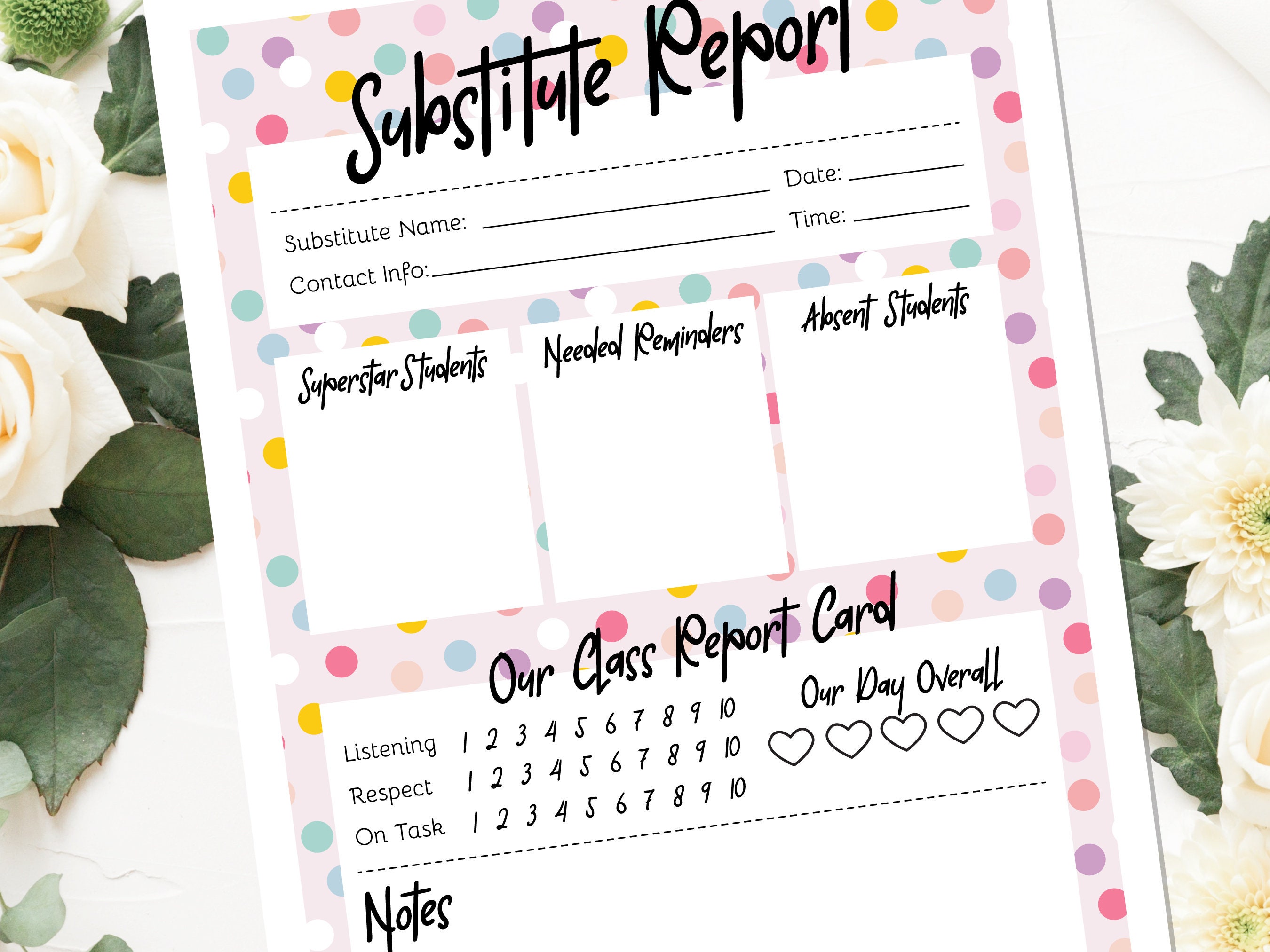 Teacher Resources Sub Report Printable Substitute Teacher - Etsy