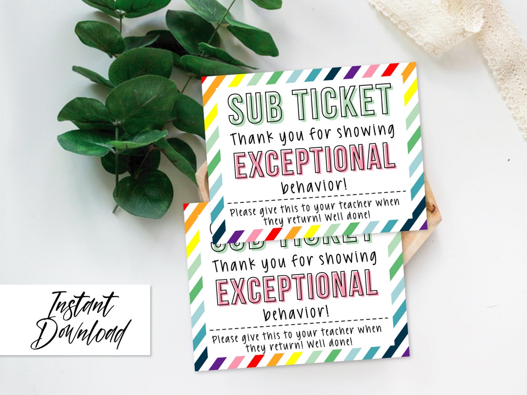 Rainbow Teacher Resources Sub Ticket Printable, Substitute Teacher ...