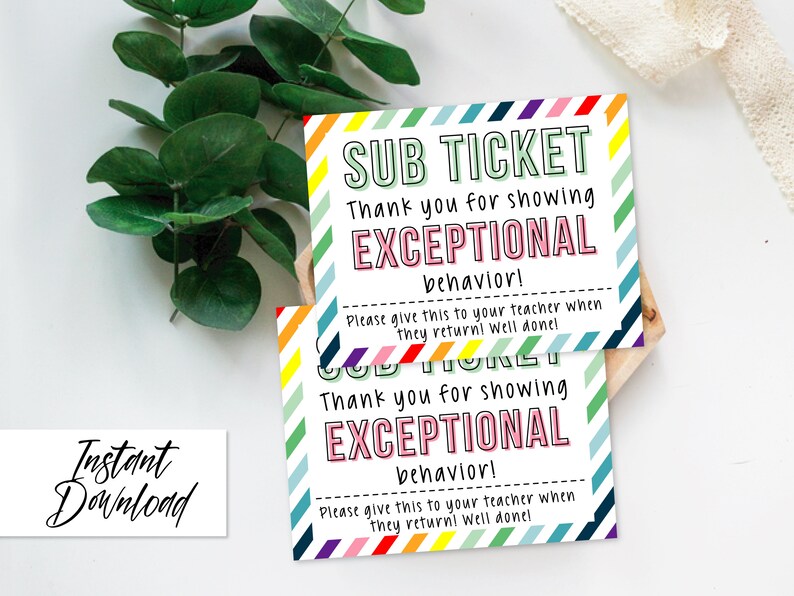 Rainbow Teacher Resources Sub Ticket Printable, Substitute Teacher ...