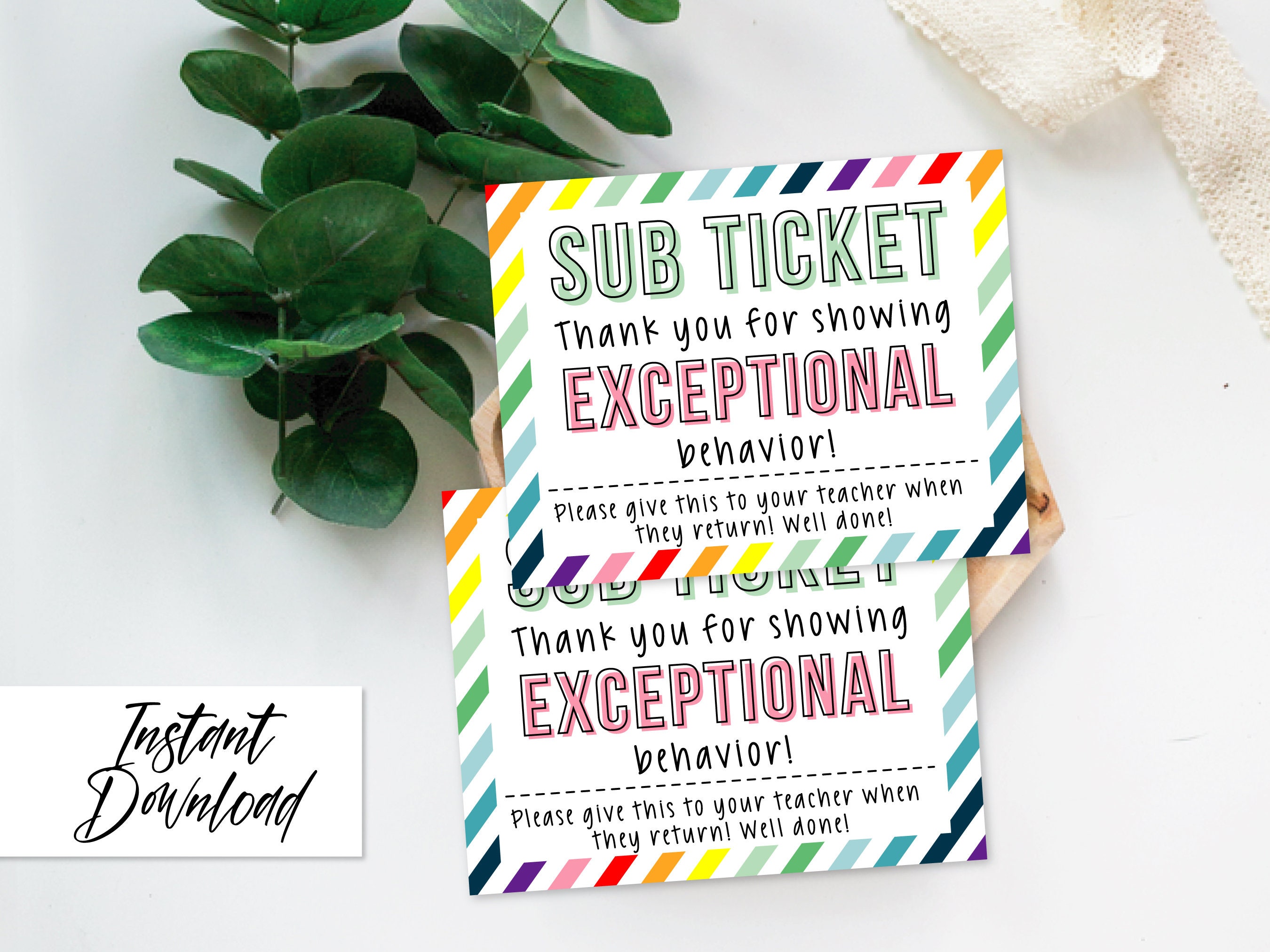 Rainbow Teacher Resources Sub Ticket Printable, Substitute Teacher ...