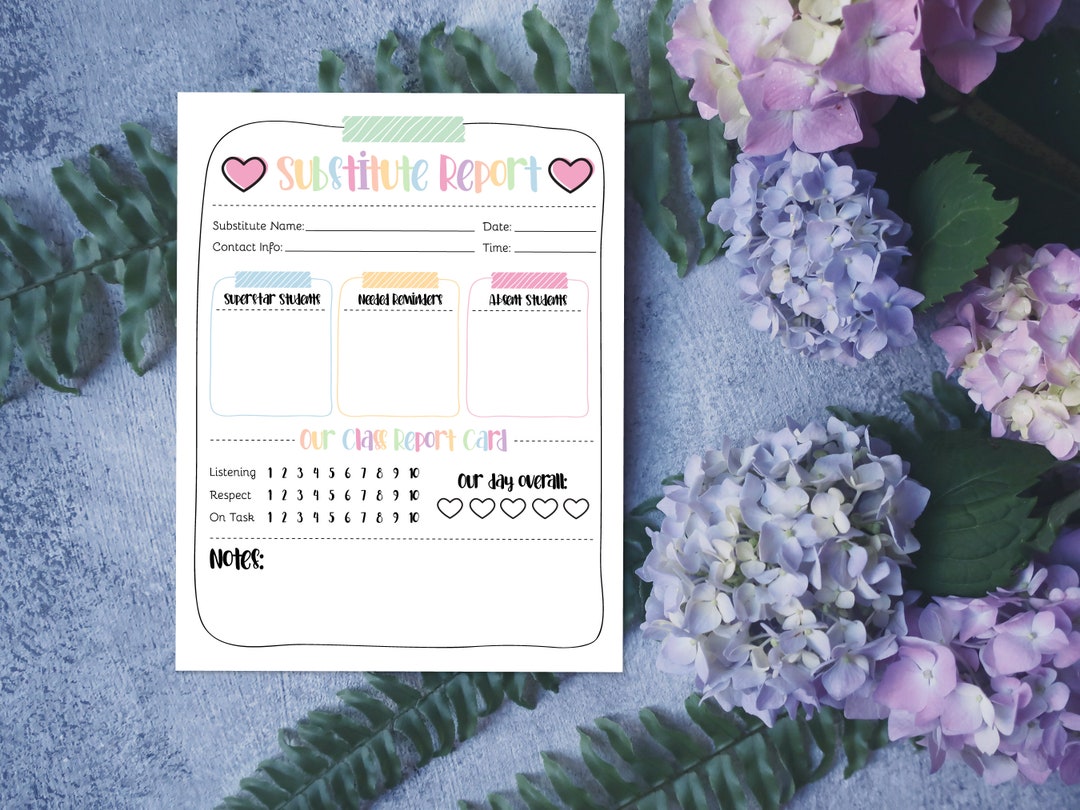 Pastel Substitute Teacher Report Sub Report Printable, Sub Tub, Teacher ...