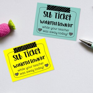 Teacher Resources Sub Ticket Printable, Substitute Teacher, Student ...