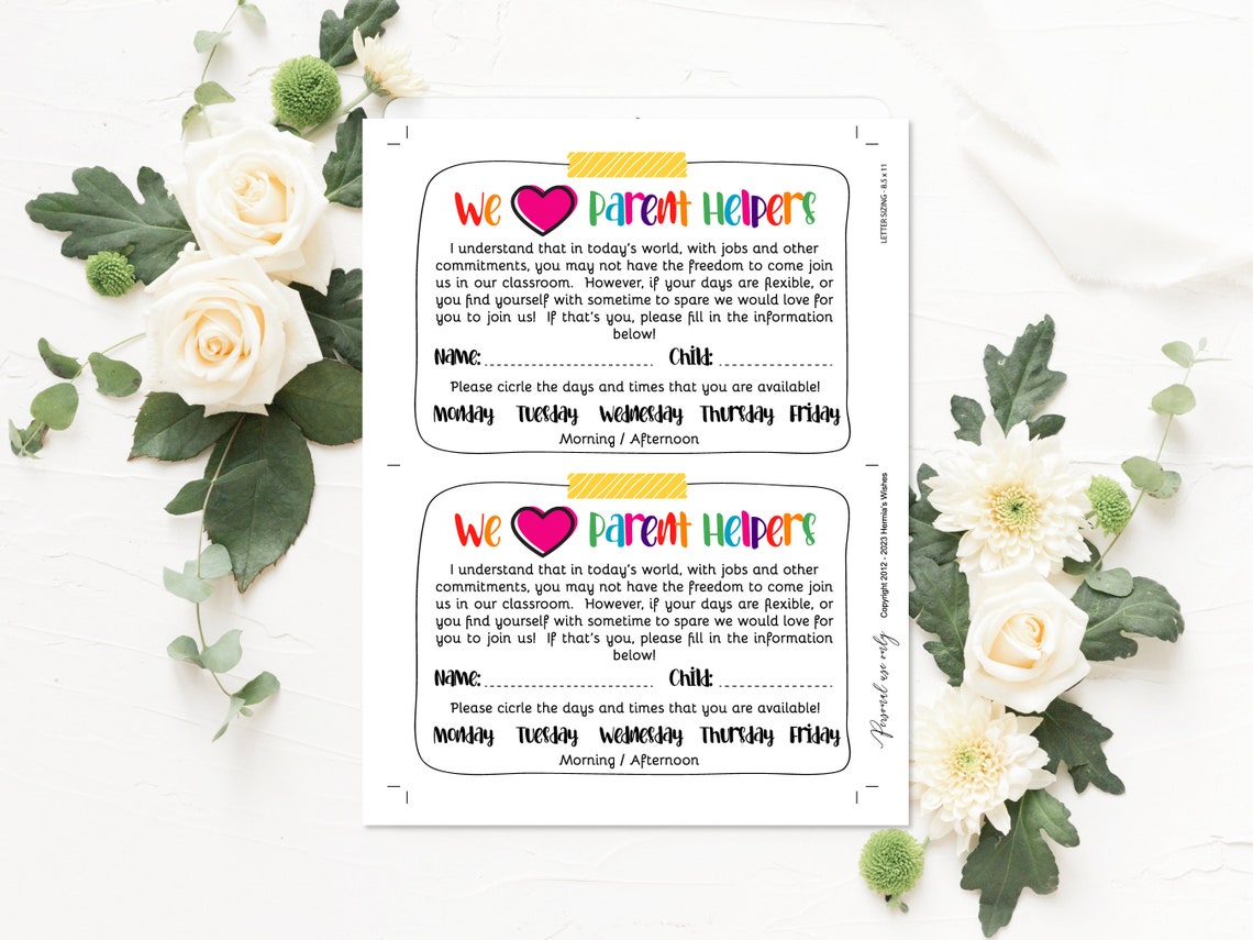Editable Parent Helpers Teacher Resources Printable, Back to School ...