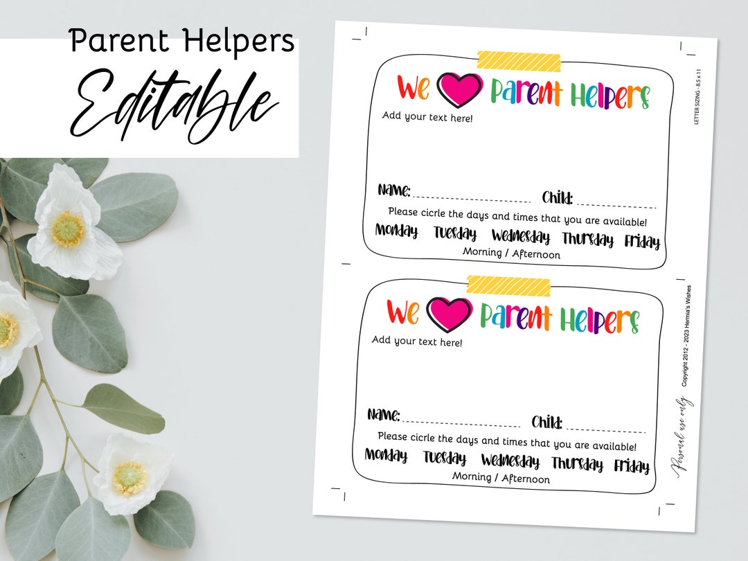 Editable Parent Helpers Teacher Resources Printable, Back to School ...