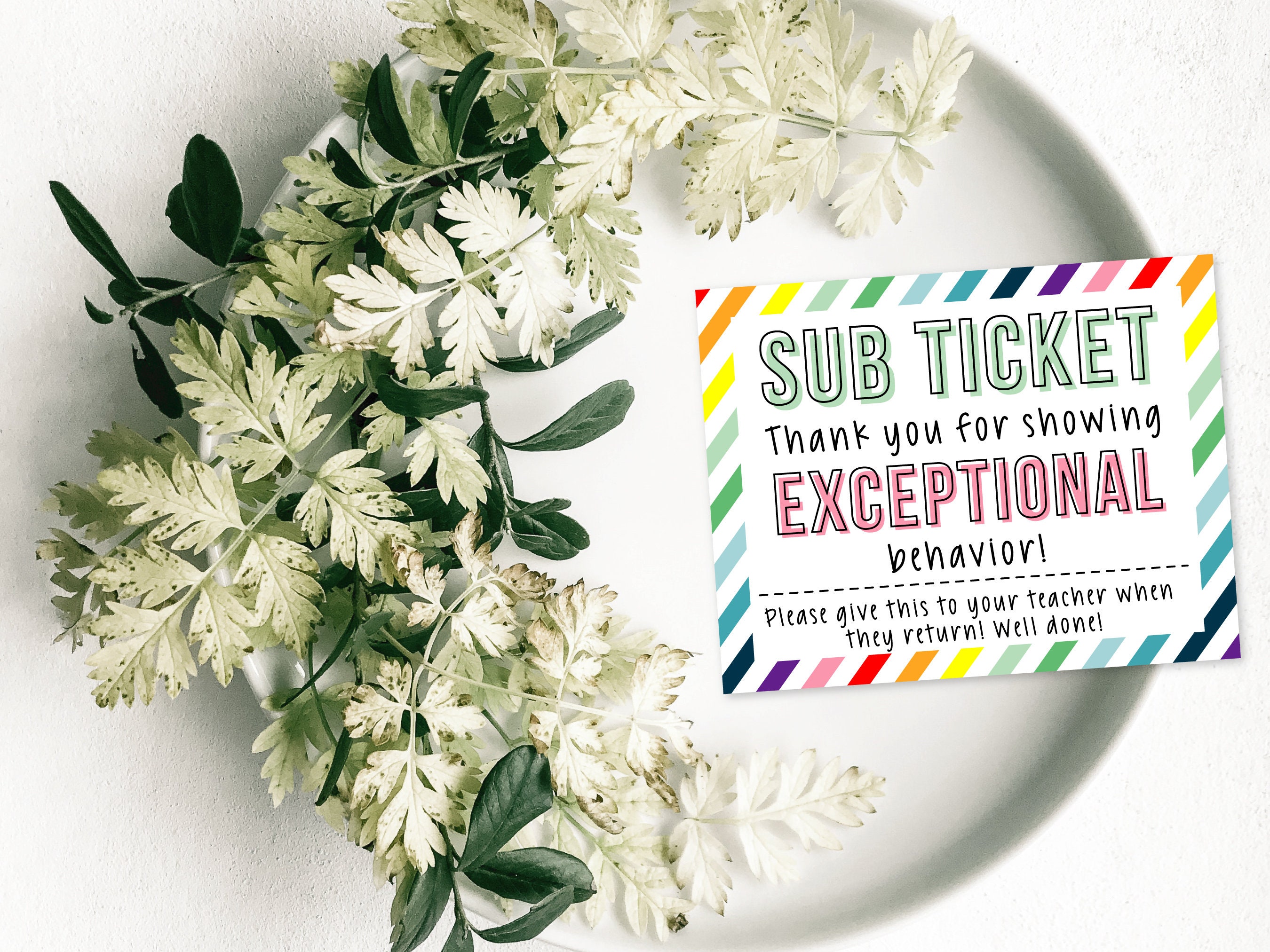 Rainbow Teacher Resources Sub Ticket Printable, Substitute Teacher ...