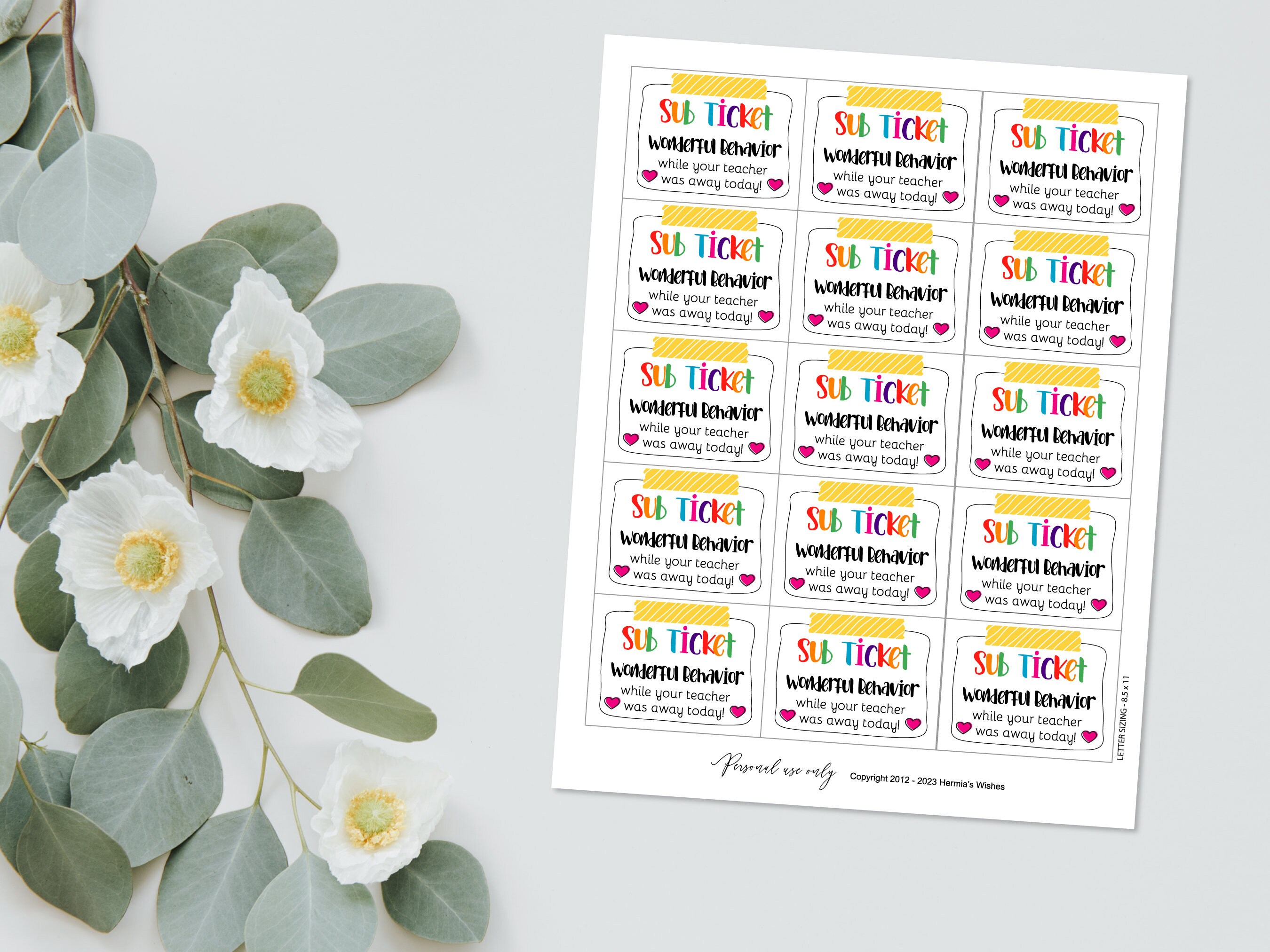 Teacher Resources Sub Ticket Printable Substitute Teacher - Etsy