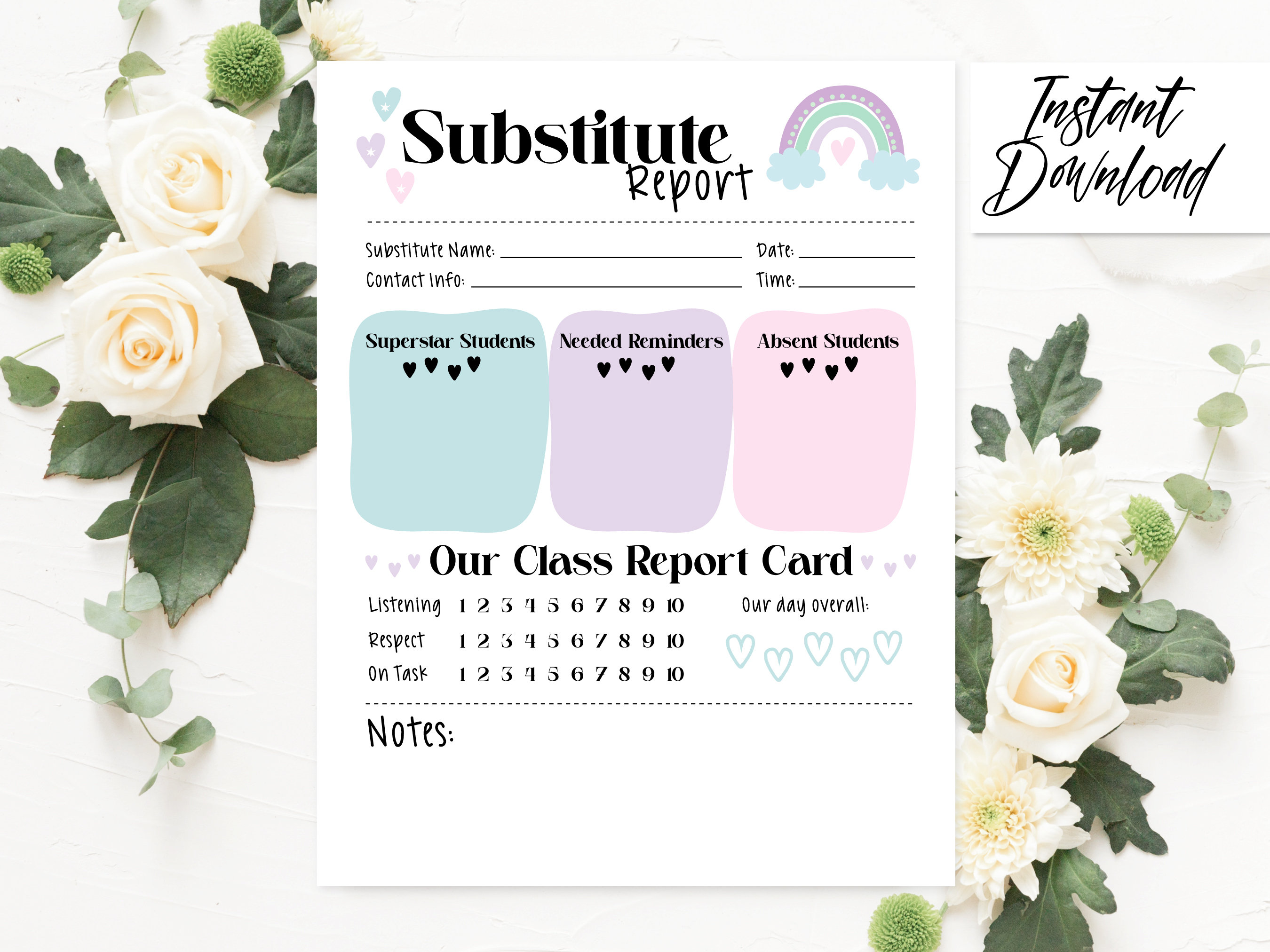 Pastel Boho Substitute Teacher Report Printable, Sub Report, Student ...