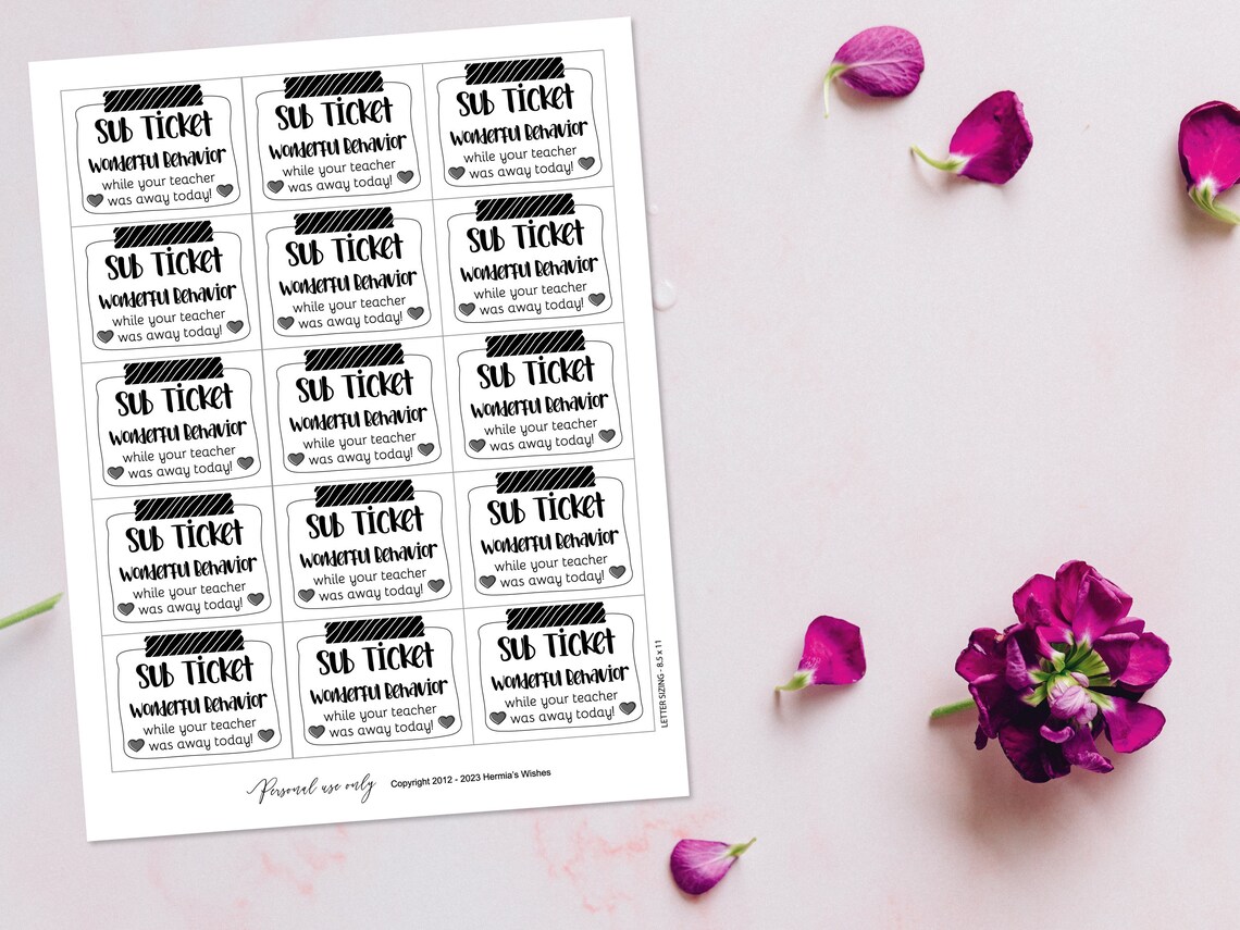 Teacher Resources Sub Ticket Printable, Substitute Teacher, Student ...