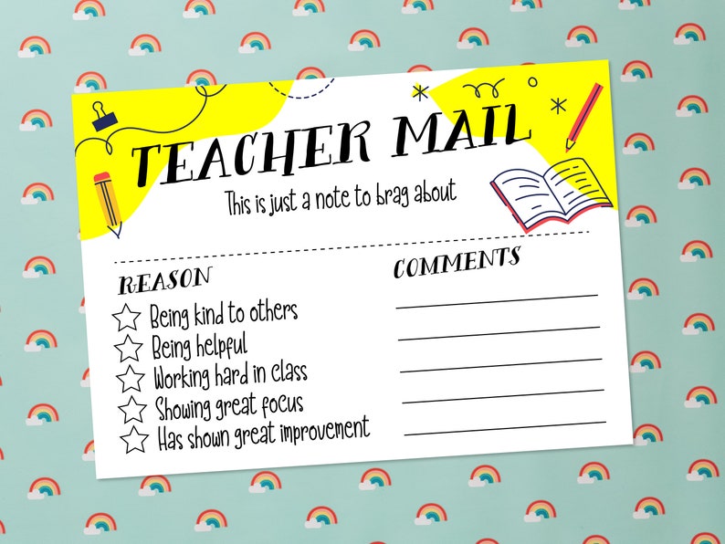 Bright Teacher Brag Note Home, Teacher Mail, Teacher Report, Reward ...
