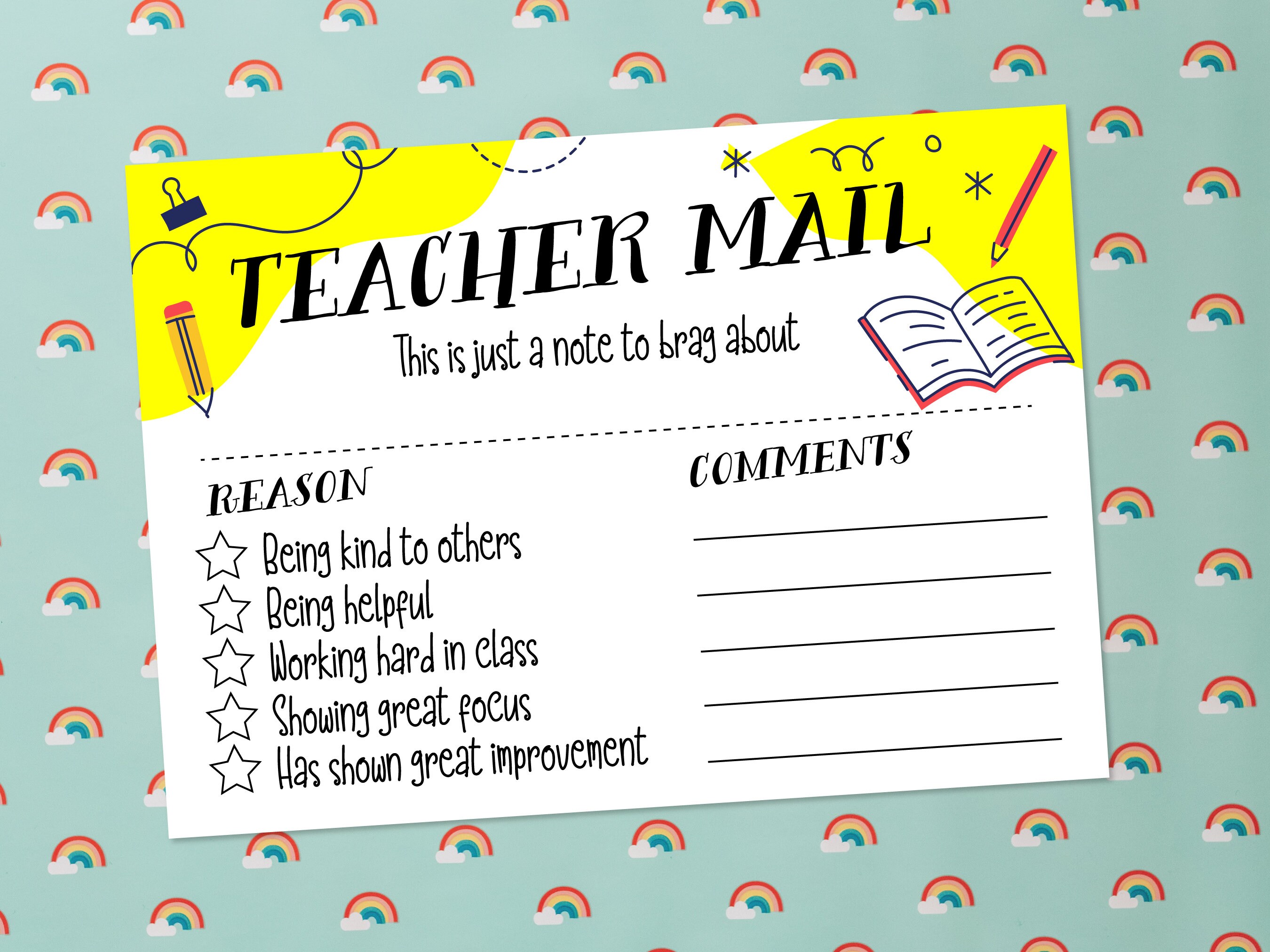 Bright Teacher Brag Note Home, Teacher Mail, Teacher Report, Reward ...