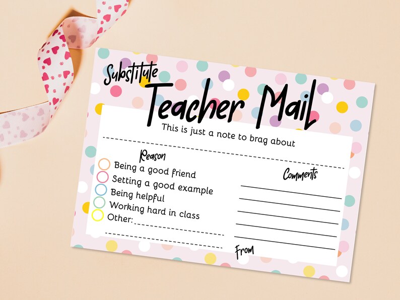 Polka Dot Sub Teacher Mail Printable, Substitute Teacher, Parent ...