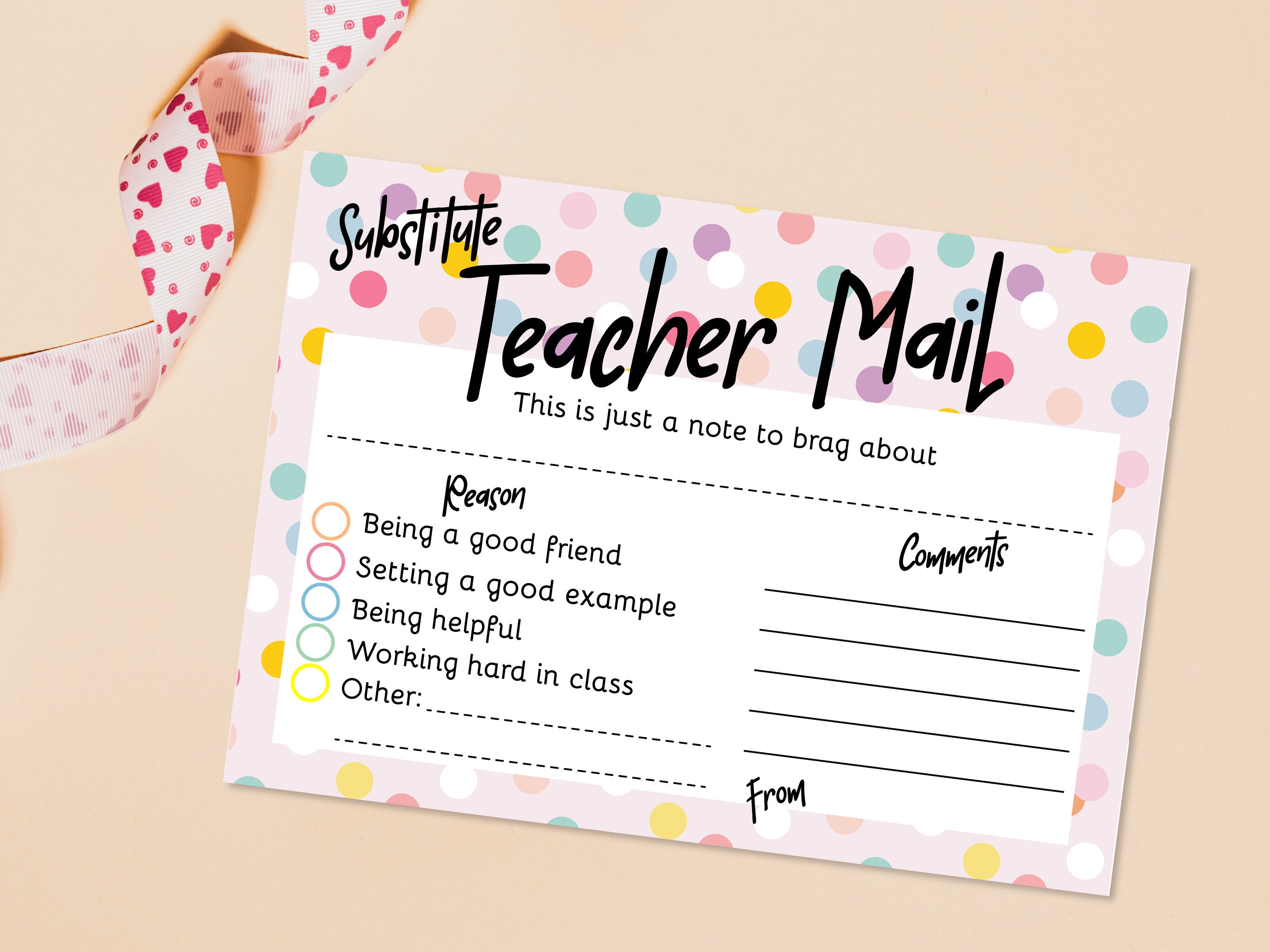 Polka Dot Sub Teacher Mail Printable, Substitute Teacher, Parent ...