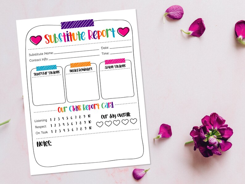Teacher Resources Sub Report Printable, Substitute Teacher, Student ...