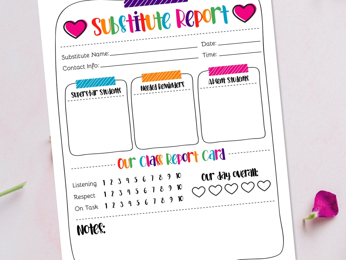 Teacher Resources Sub Report Printable, Substitute Teacher, Student ...