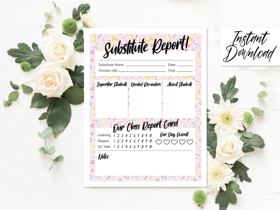 Rainbow Substitute Teacher Report Printable, Substitute Teacher ...