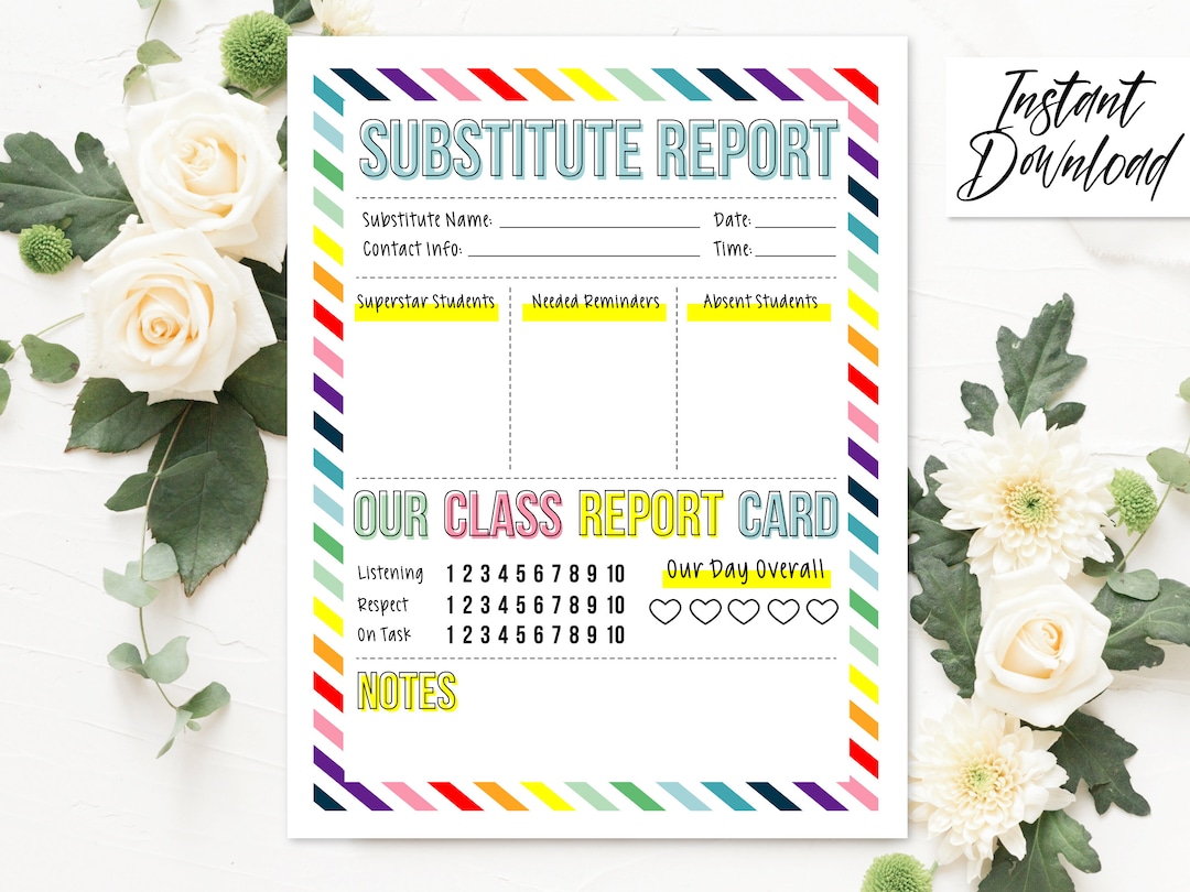 Rainbow Substitute Teacher Report Printable, Sub Report, Student Thank ...
