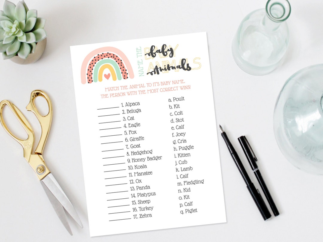 Name the Baby Animal Game, Boho Baby Shower Games, Baby Animal Name ...