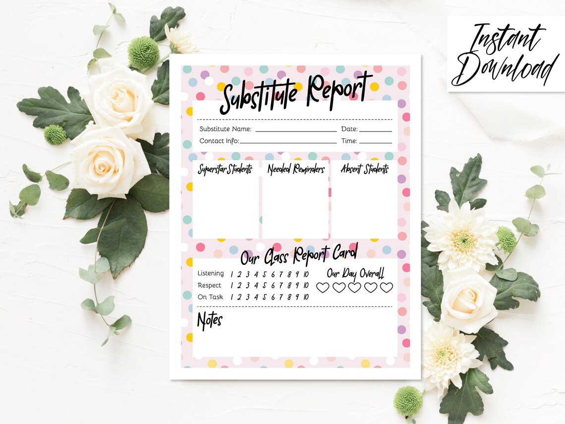 Teacher Resources Sub Report Printable, Substitute Teacher, Student ...
