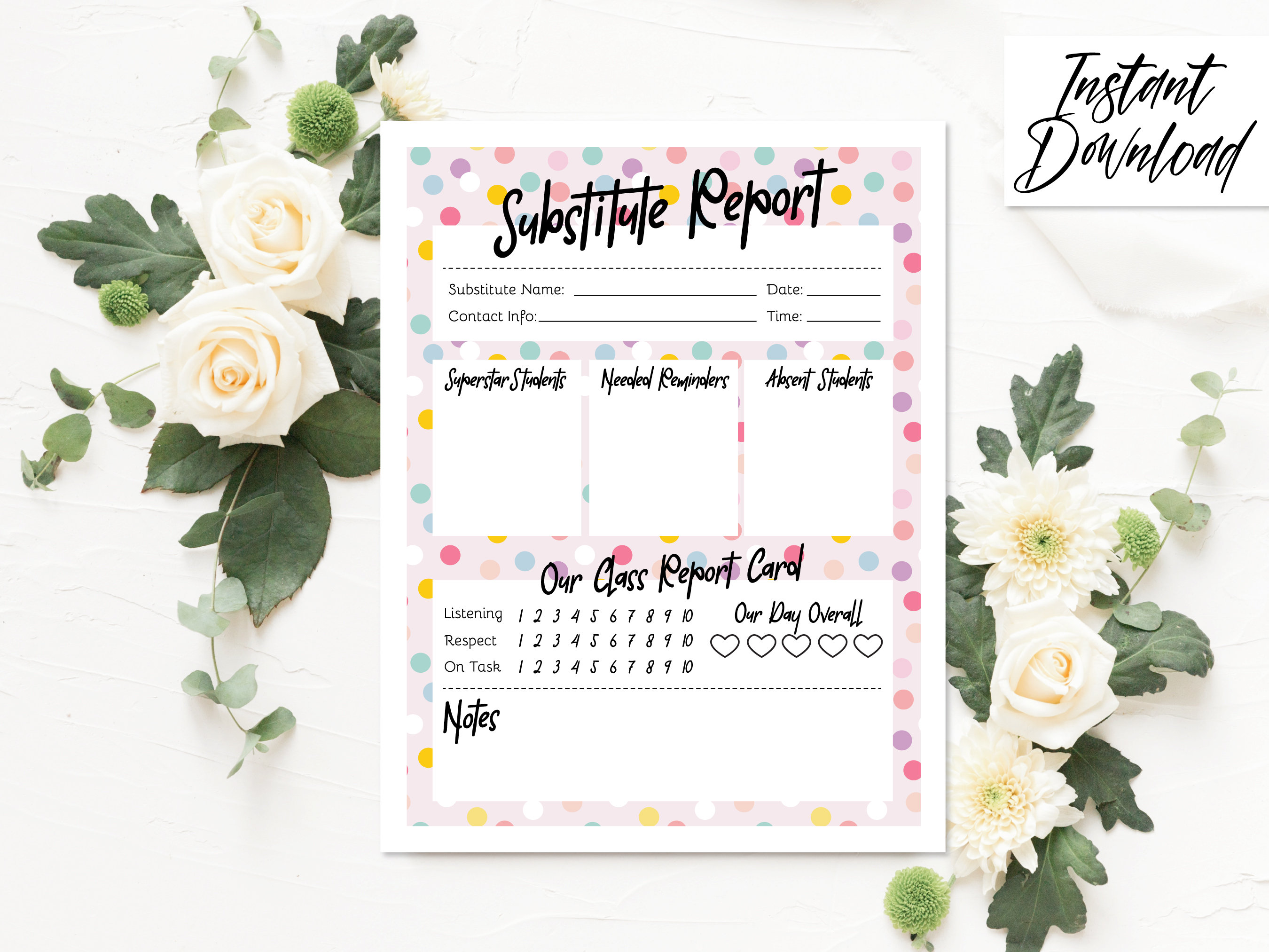 Teacher Resources Sub Report Printable Substitute Teacher - Etsy