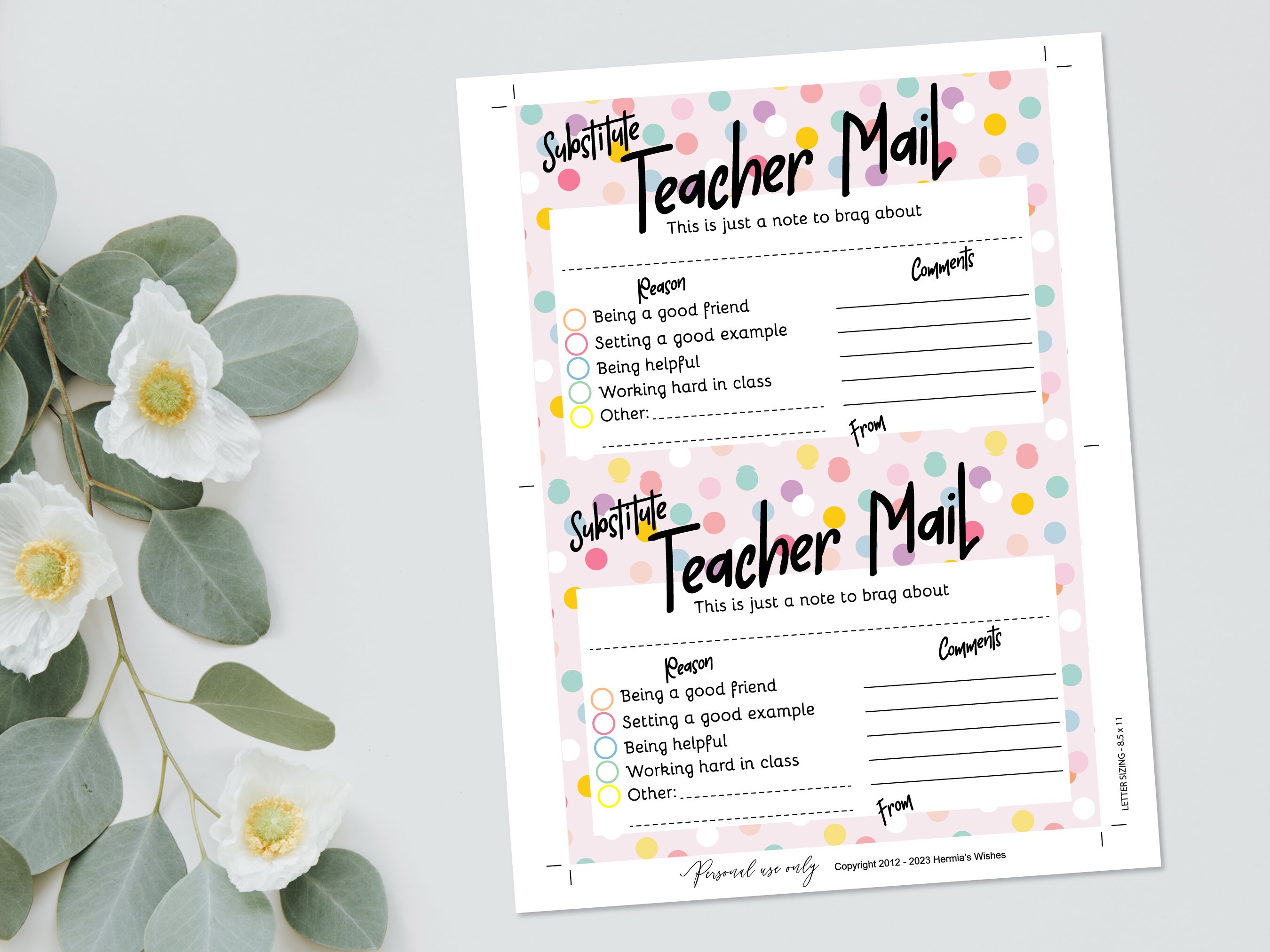 Polka Dot Sub Teacher Mail Printable, Substitute Teacher, Parent ...