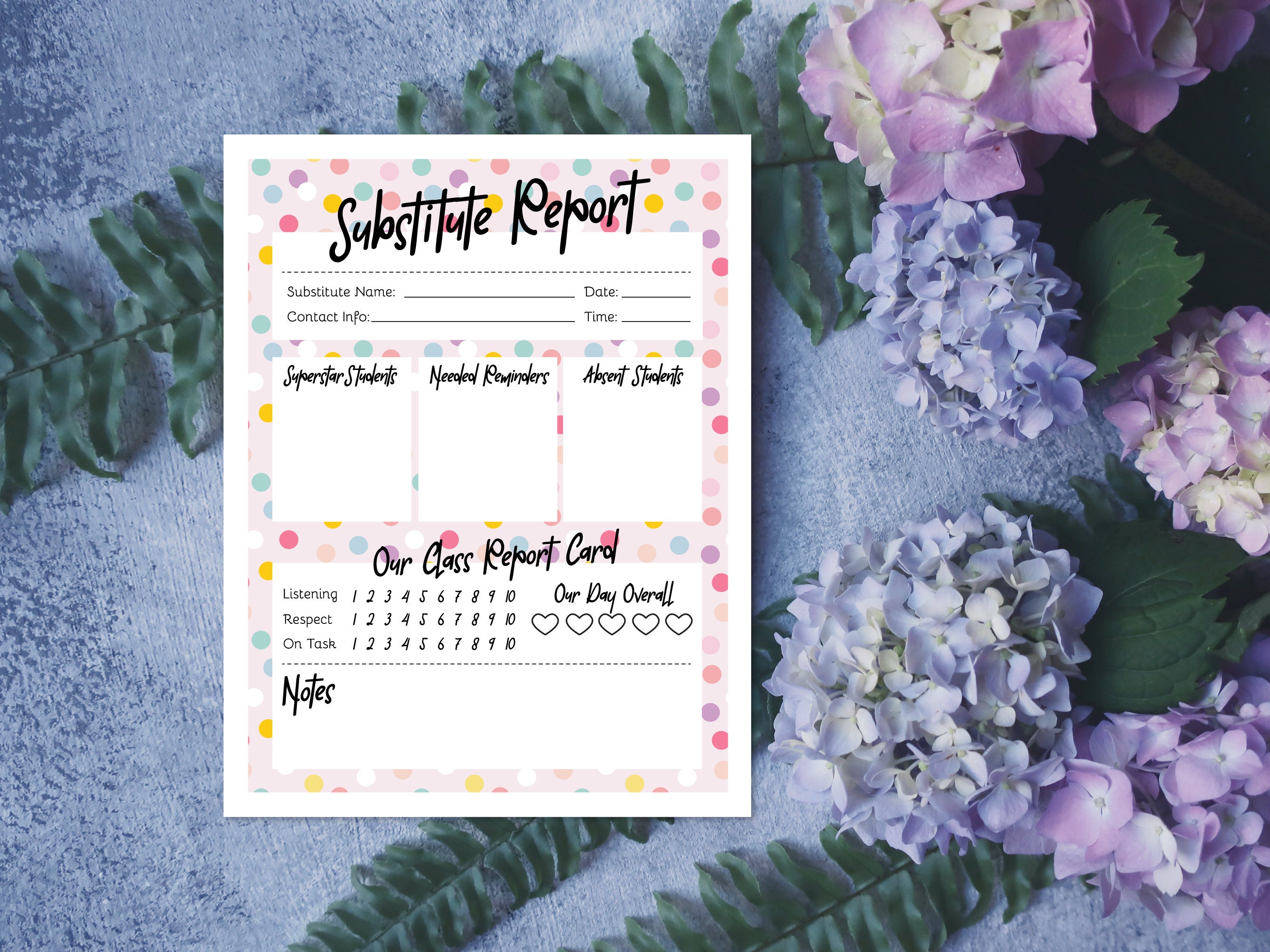 Teacher Resources Sub Report Printable Substitute Teacher - Etsy