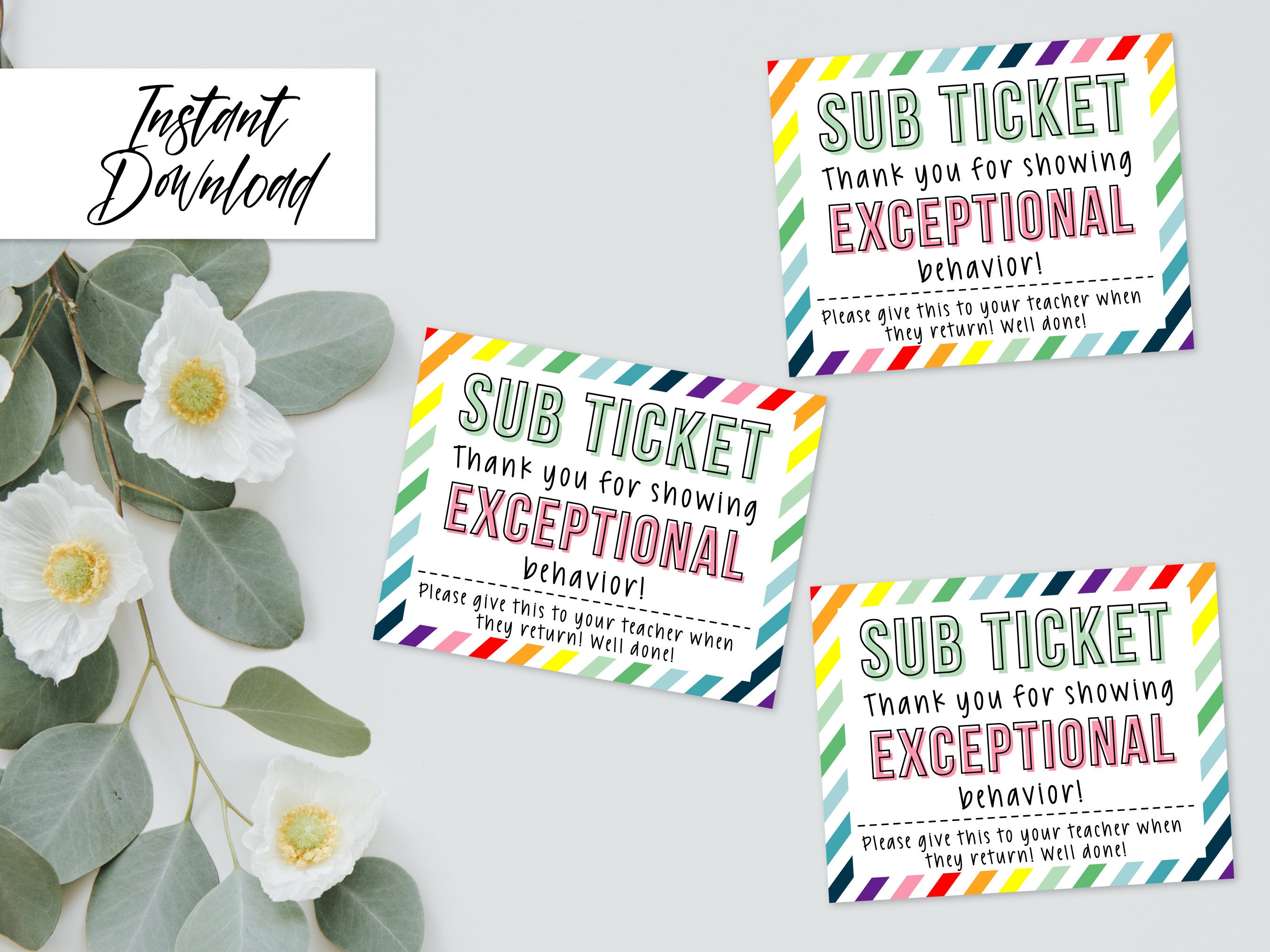 Rainbow Teacher Resources Sub Ticket Printable, Substitute Teacher ...