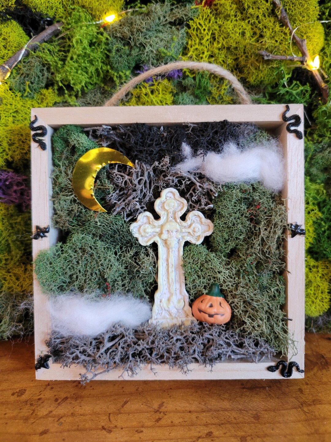 5x5 Spooky Cemetery Moss Diorama | Halloween Shadow Box | Cross & Moon ...