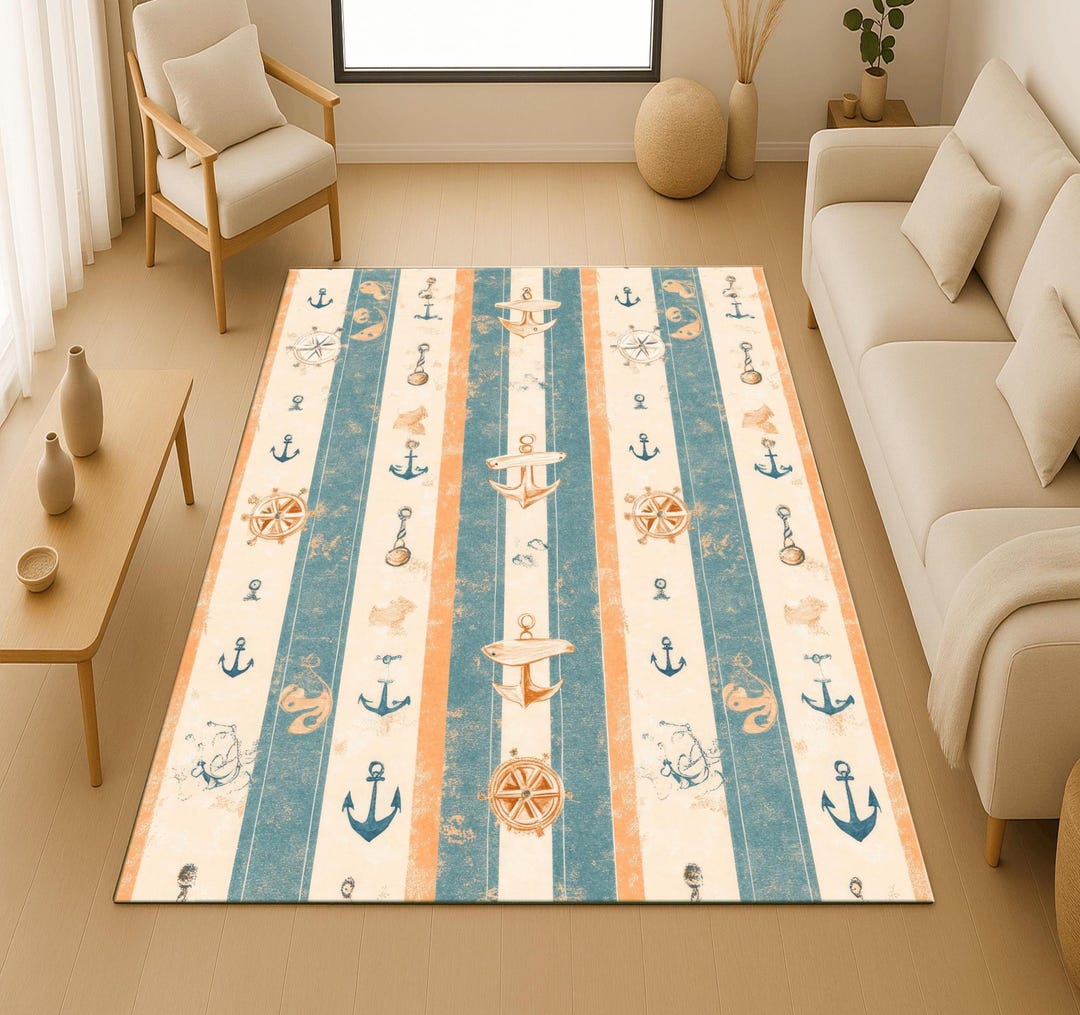 Anchor Nautical Area Rug: Coastal Navy and Orange Striped Floor Decor ...