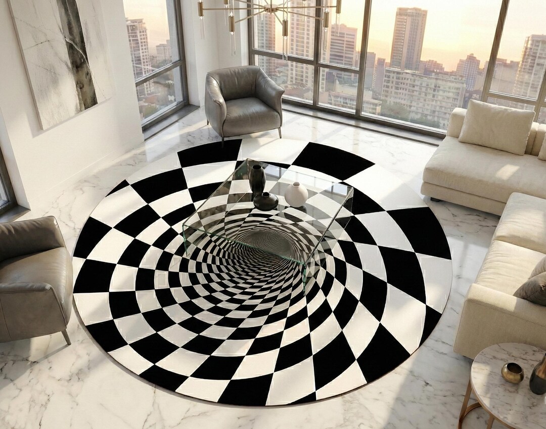 3D Optical Illusion Rug Round: Checkered Rug Vortex, Hole in Floor - Etsy