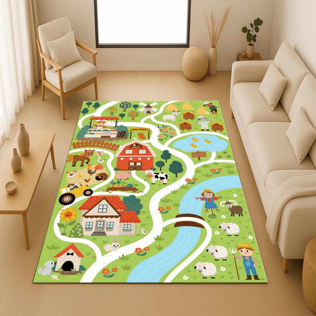Farming Rug for Kids; Farm Animal Play Rug, Animals Themed Nursery ...