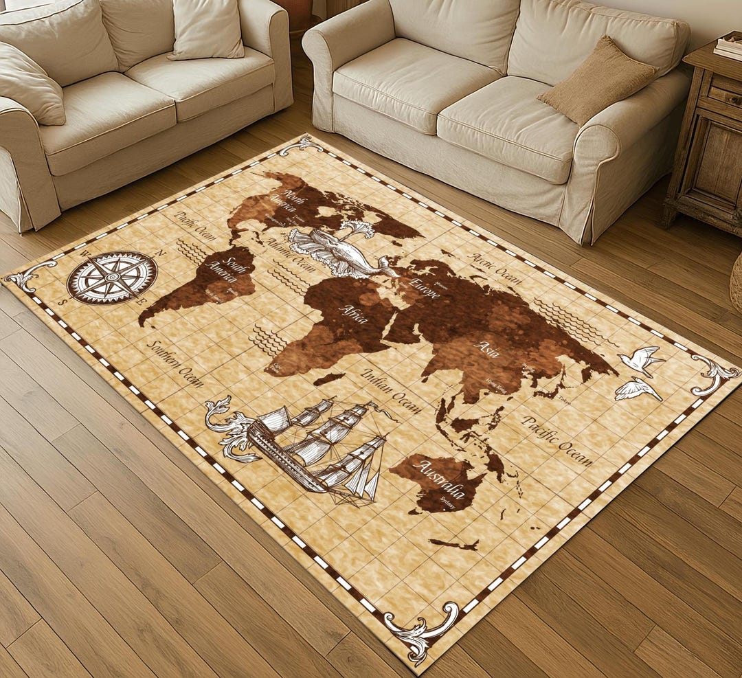 Antique World Map Rug: Vintage Style Carpet for Living Room - Etsy