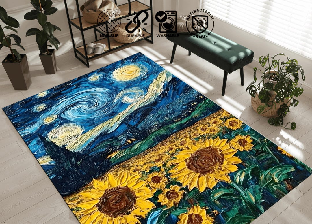Van Gogh Rug: Starry Night & Sunflowers Art Area Rug - Etsy