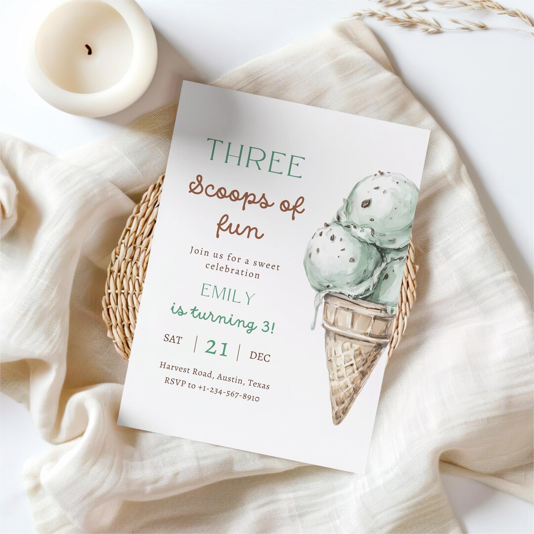 Three Scoops of Fun 3rd Birthday Party Invitation Template, Editable ...