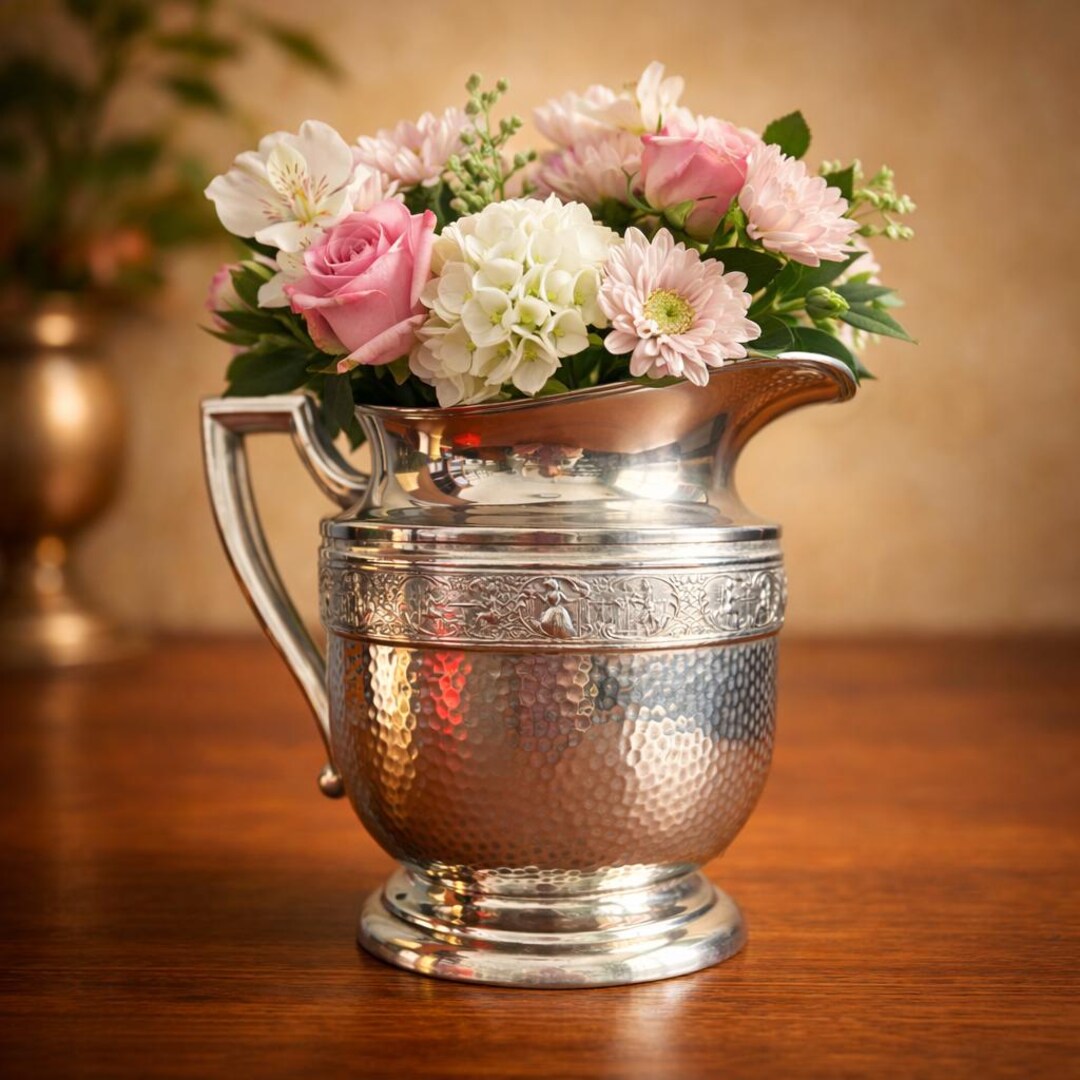 Vintage Hammered Silverplate Pitcher – Copper Interior, Ornate Band - Etsy