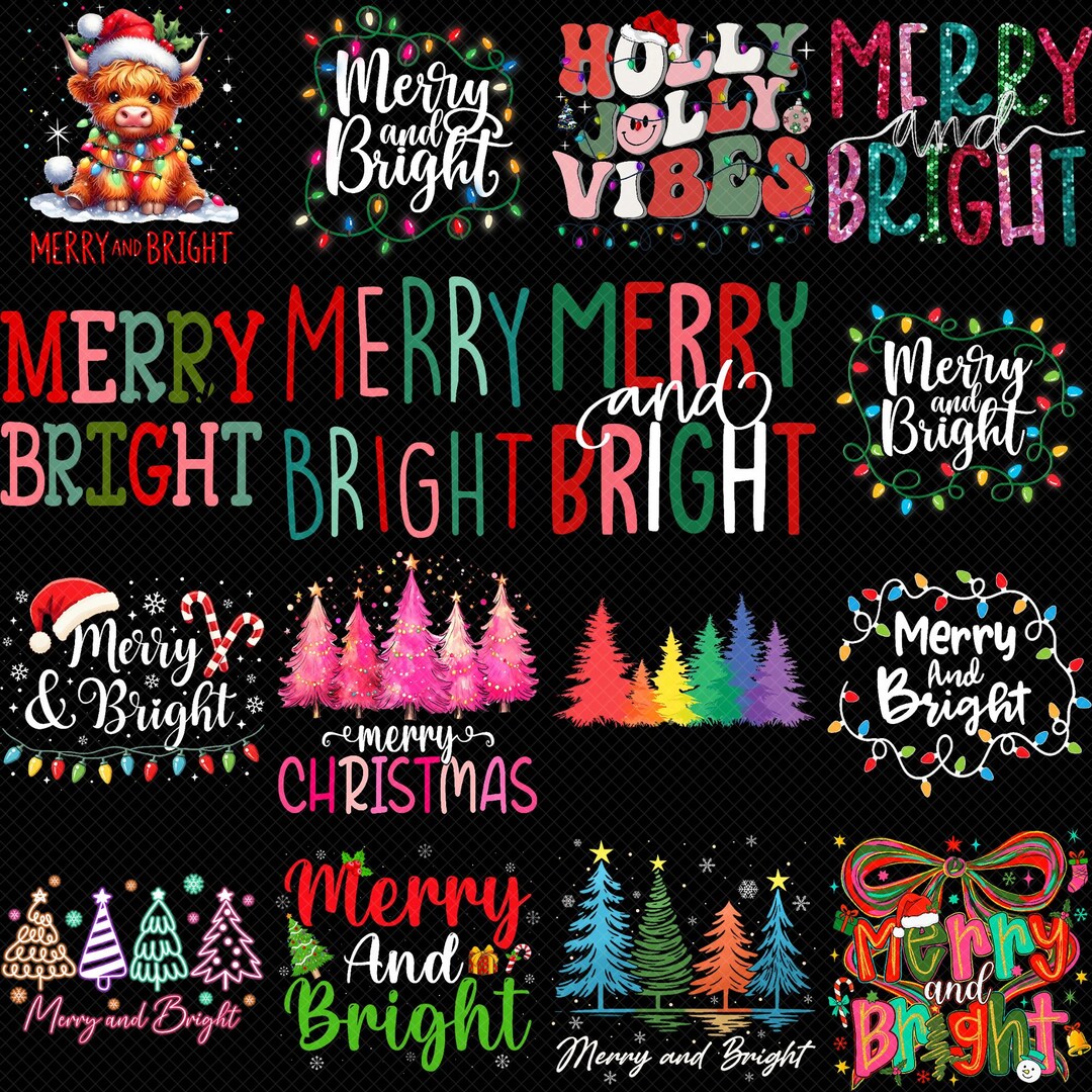 Merry & Bright Christmas Clipart Bundle - Holiday PNG, Christmas Lights ...