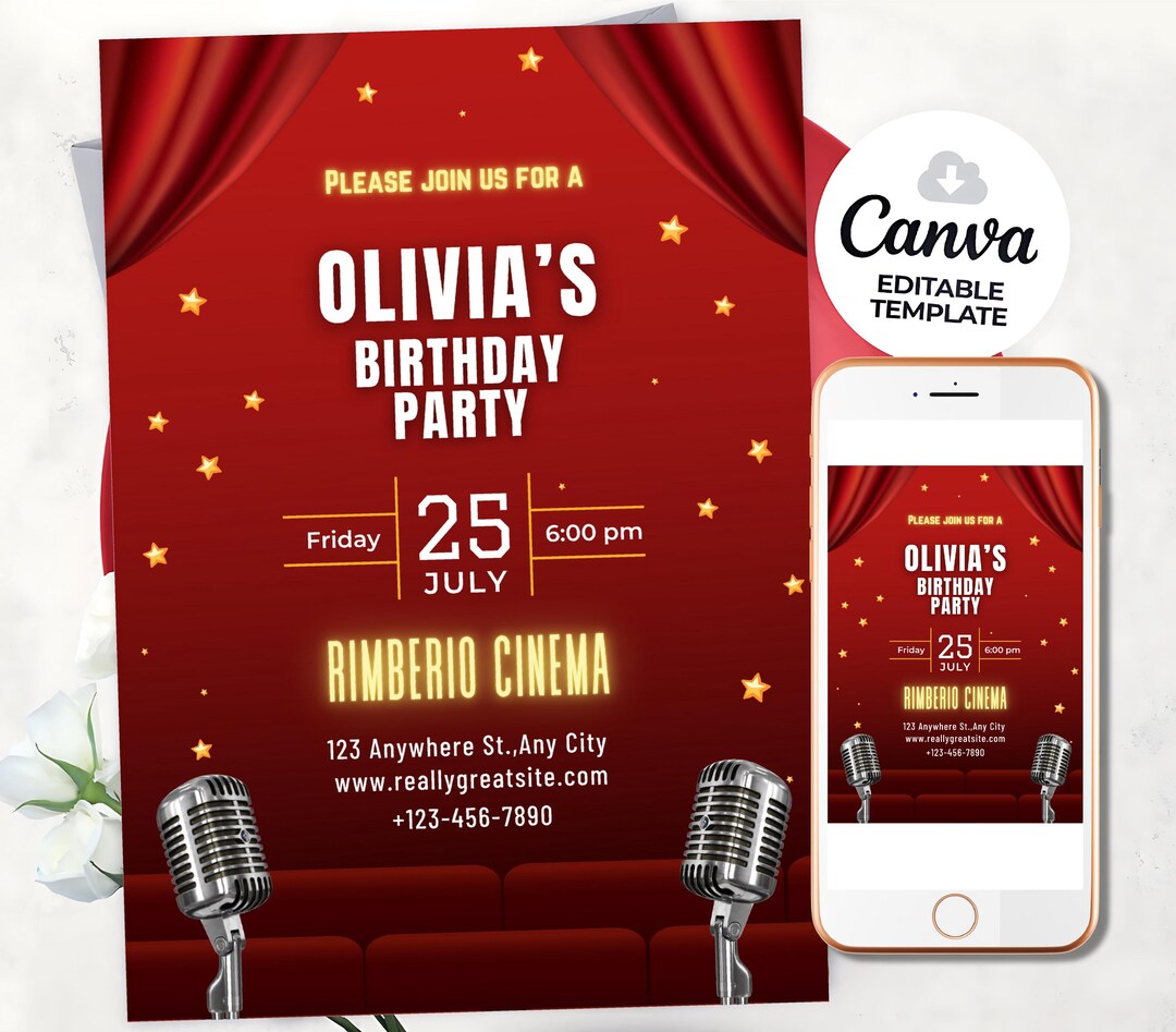 Hollywood Birthday Invitation Card Black & Gold Party Red Carpet Invite ...