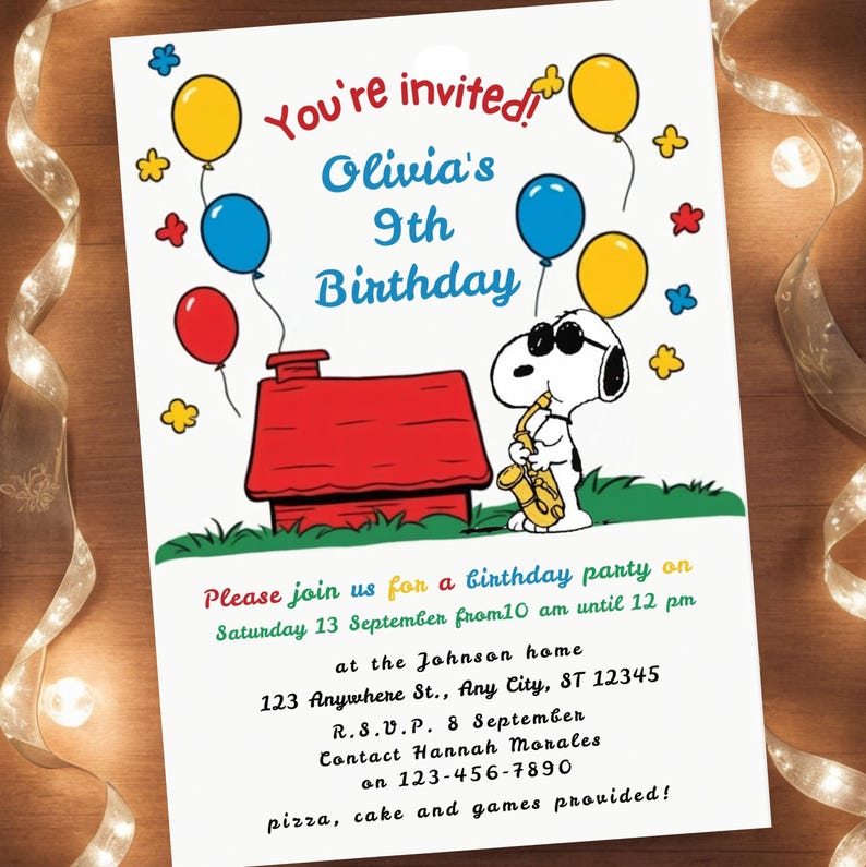 Snoopy Birthday Invitation Snoopy Invitations Bday Kids Party Dinner ...